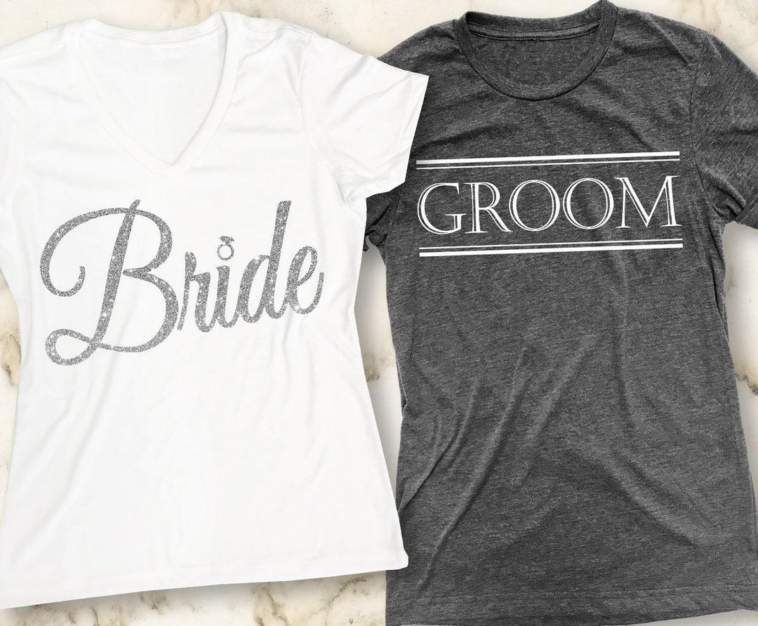 BRIDE & GROOM SHIRTS Set Cursive, Matching Couples Shirts, Honeymoon ...
