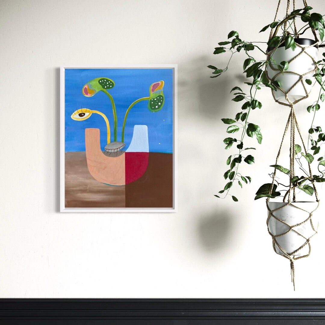 Blue Abstract Plant Art - 12x18 Cubist Still Life Painting on Canvas ...