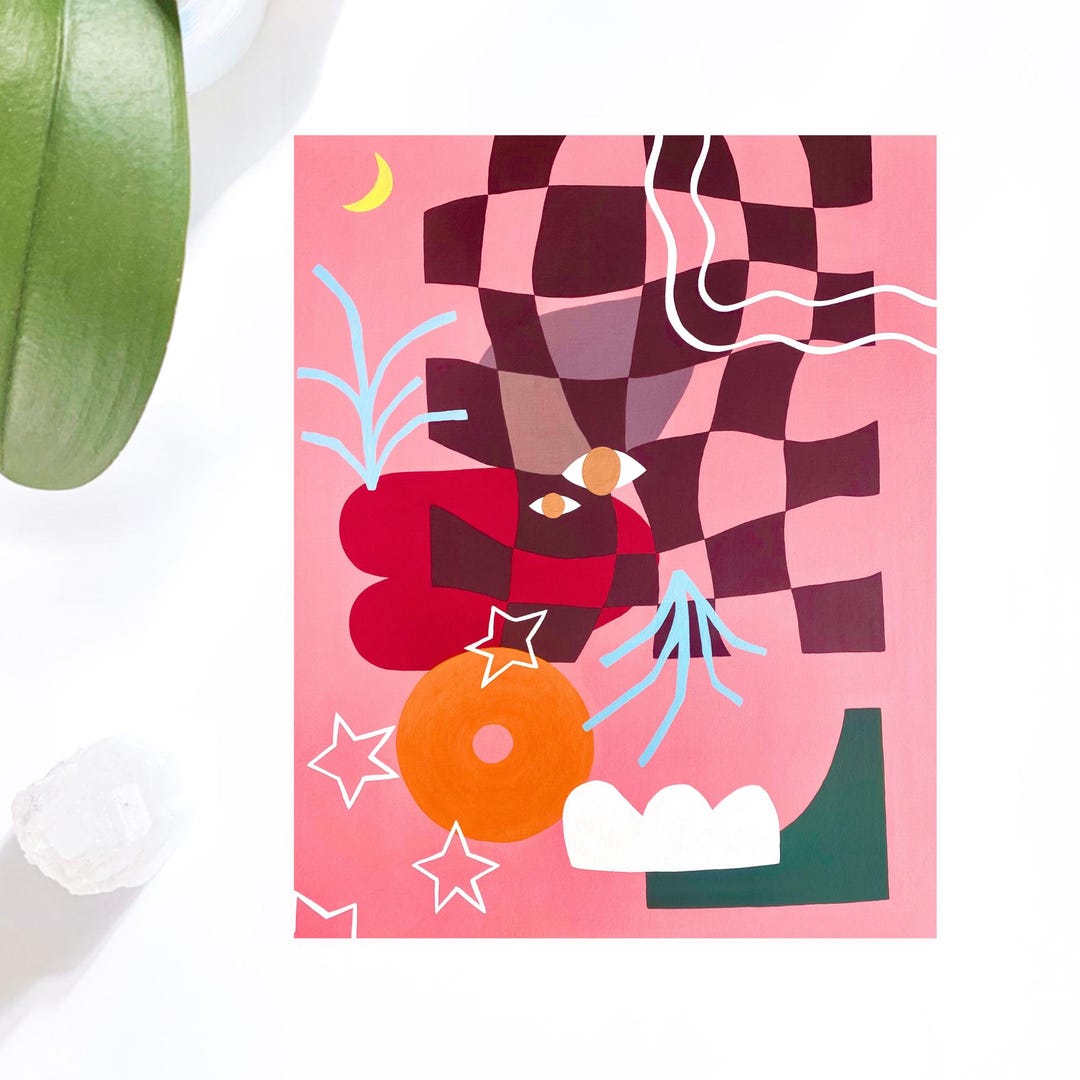Art Print - Funky Pink Retro Art Print, Modern Checkerboard Pattern ...