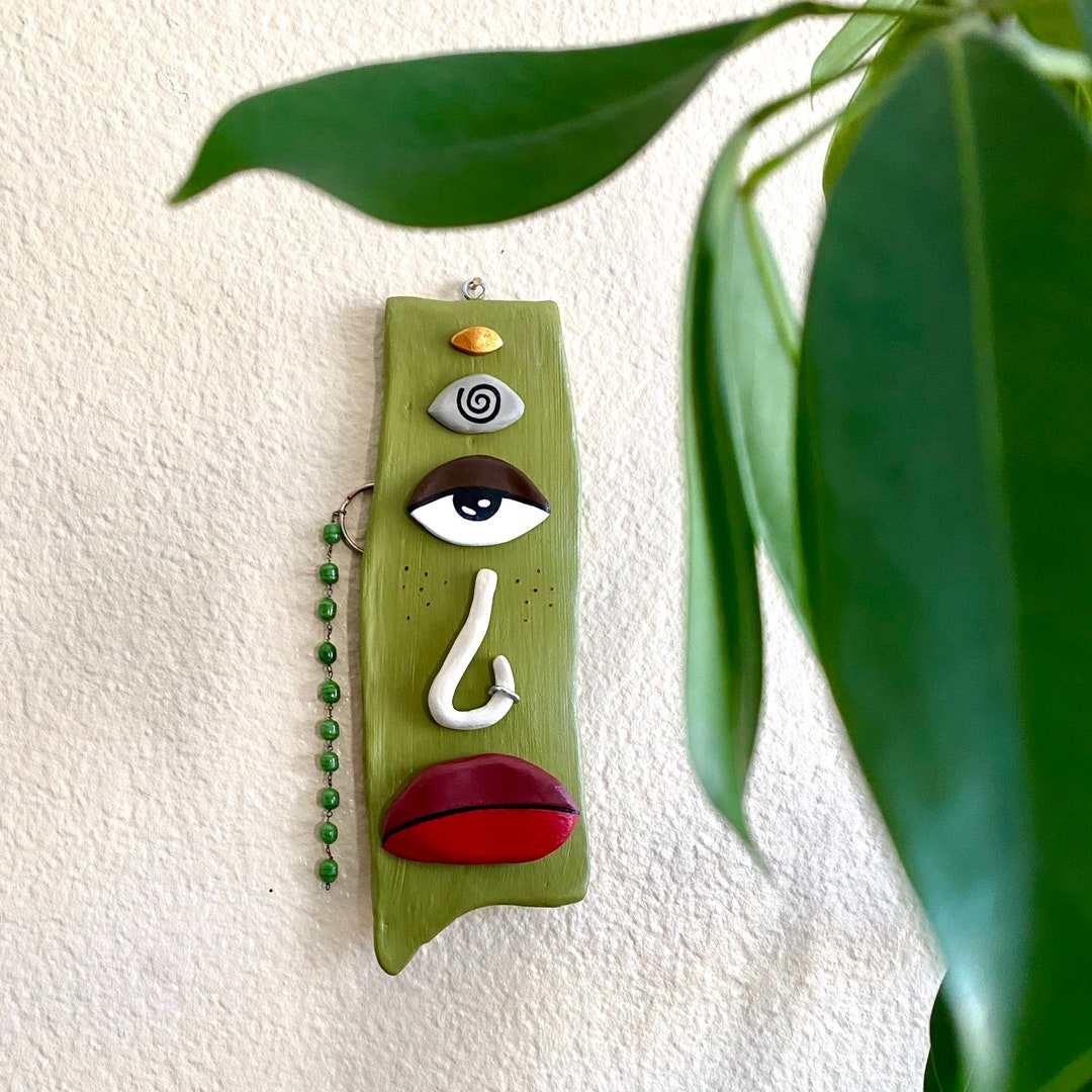 Clay Portrait Sculpture, Abstract Clay Wall Decor, Green Wall Art, 9 ...