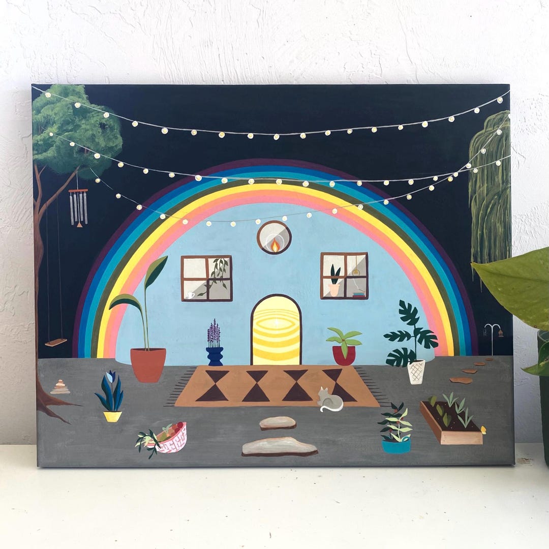 Rainbow Surrealism Acrylic Painting, Abstract Blue House Art, Colorful ...
