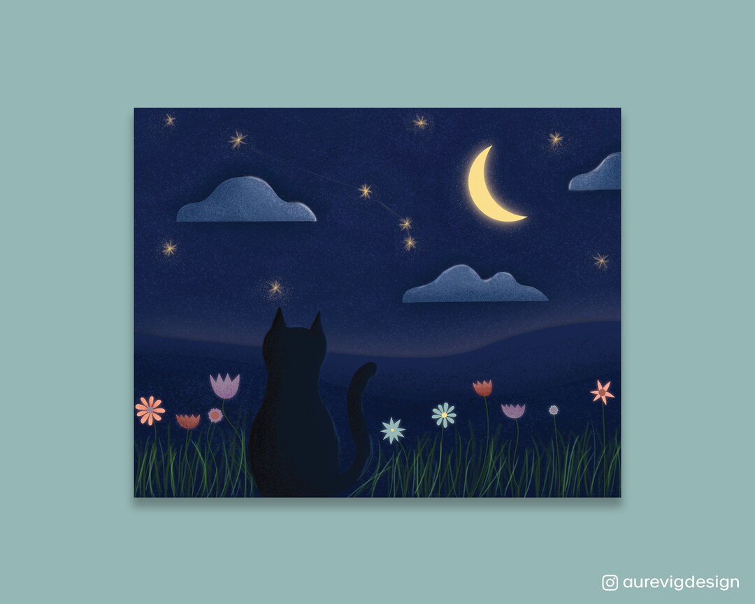 Cat in a Field of Flowers at Night 8"x10", Starry Sky, Moon ...