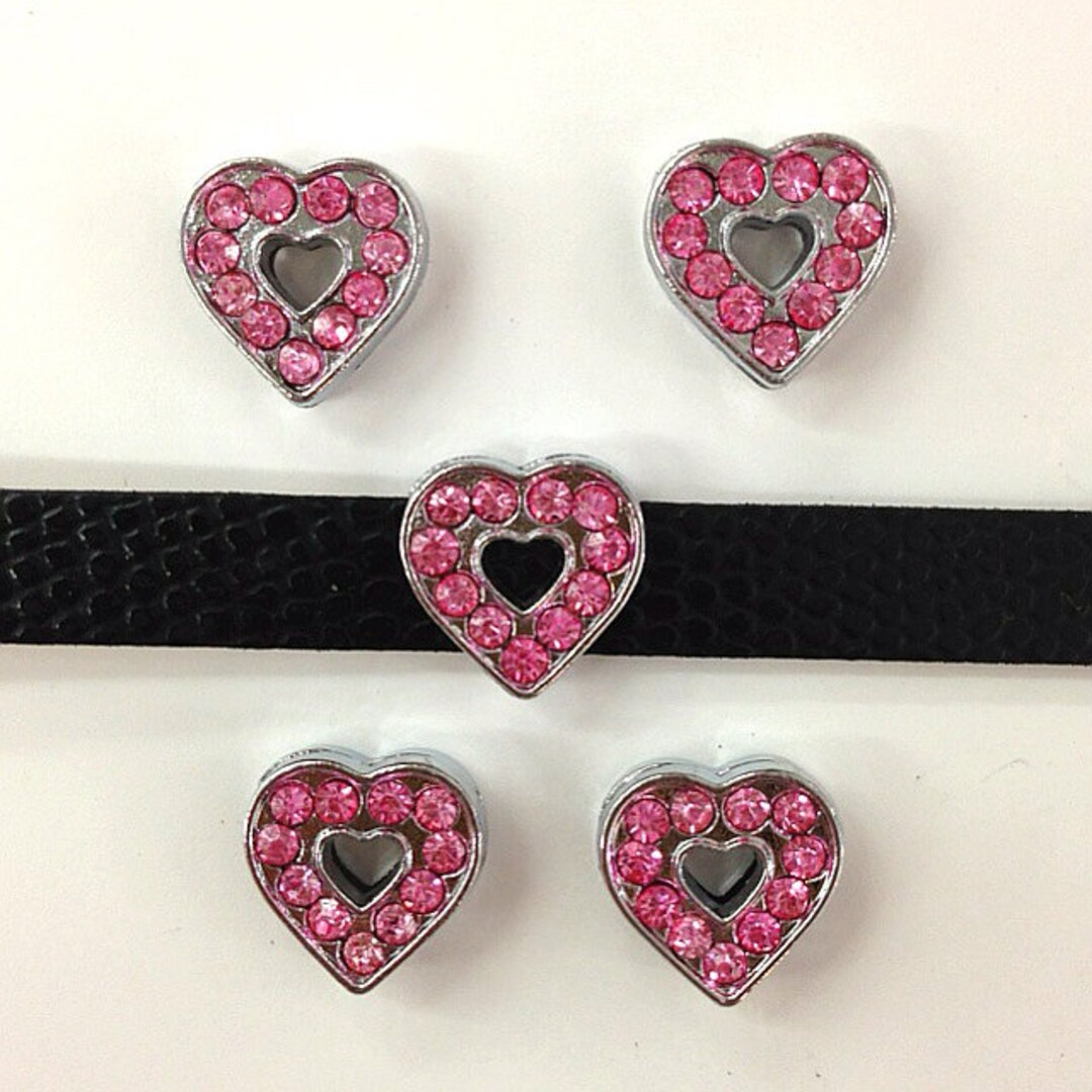 Set of 10pc Pink Rhinestone Heart Slide Charm Fits 8mm Wristband for ...