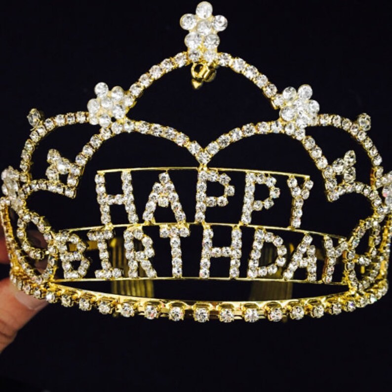 Silver Gold Crystal Rhinestone Happy Birthday Tiara Crown Comb Etsy