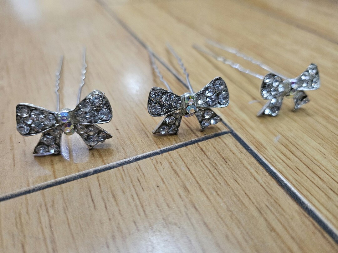 Set of 6 Rhinestone Faux Pearl Bow Hair Pin Use for Wedding Bouquet ...