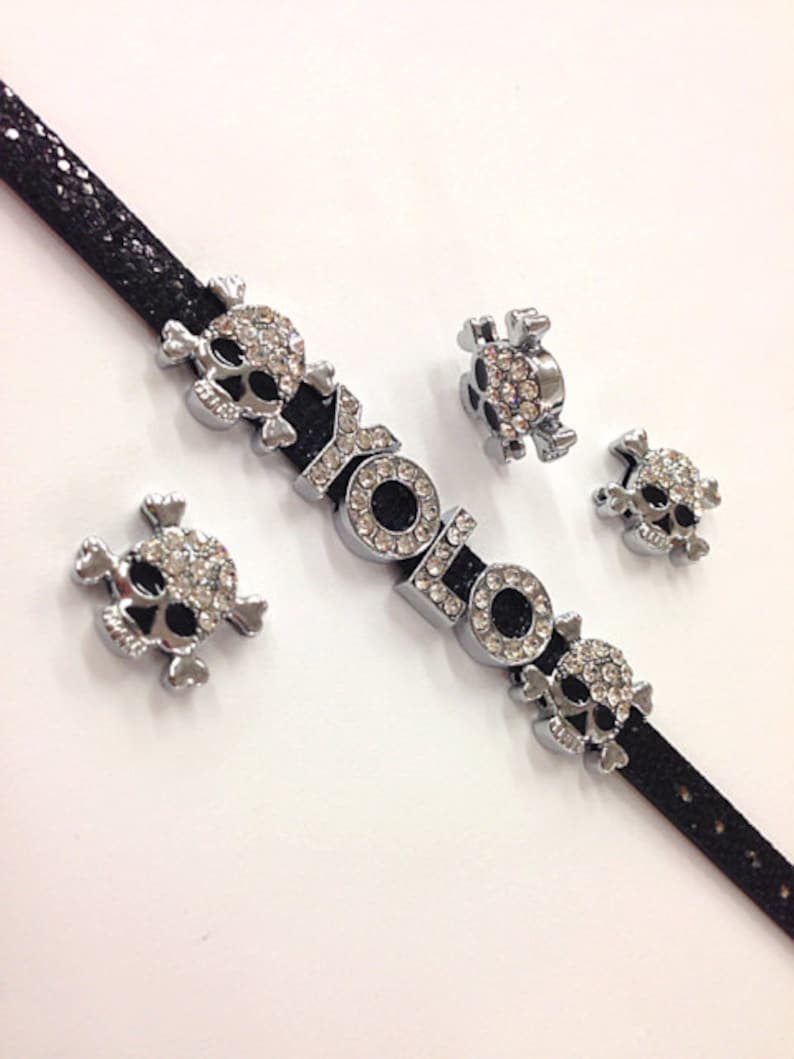 Set of 10pc Silver Rhinestone Skull Slide Charm Fits 8mm | Etsy