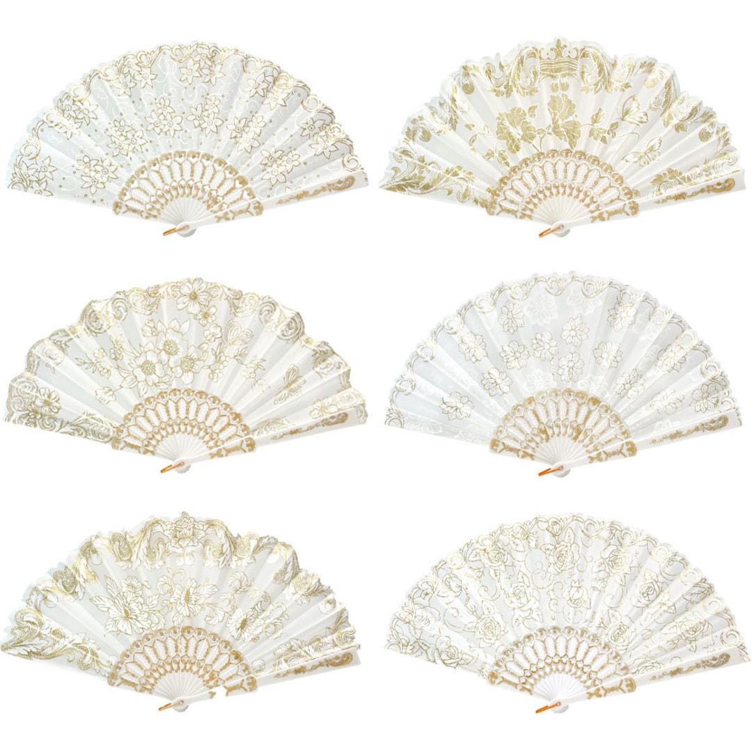 Set of 6/12/50/75/100 White Summer Glitter Folding Fan W/ Gift Bag and ...