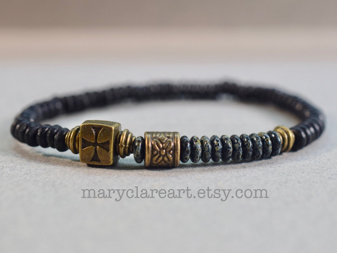Mens Rosary Bracelet, Black Picasso Beads, Be Strong in the Lord Rosary ...