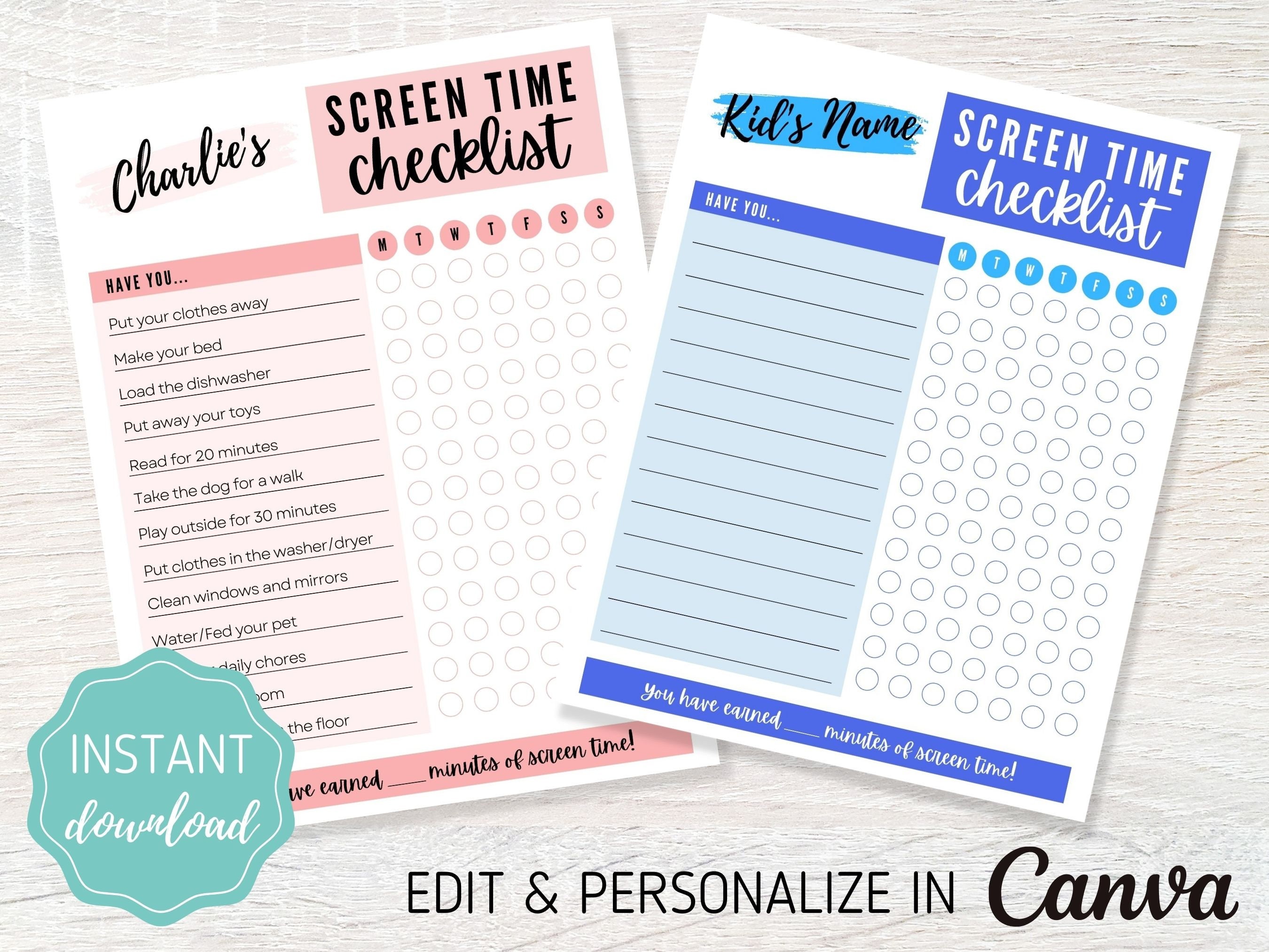 Screen Time Checklist, Chore Chart, Kids to Do List, Children's Daily ...