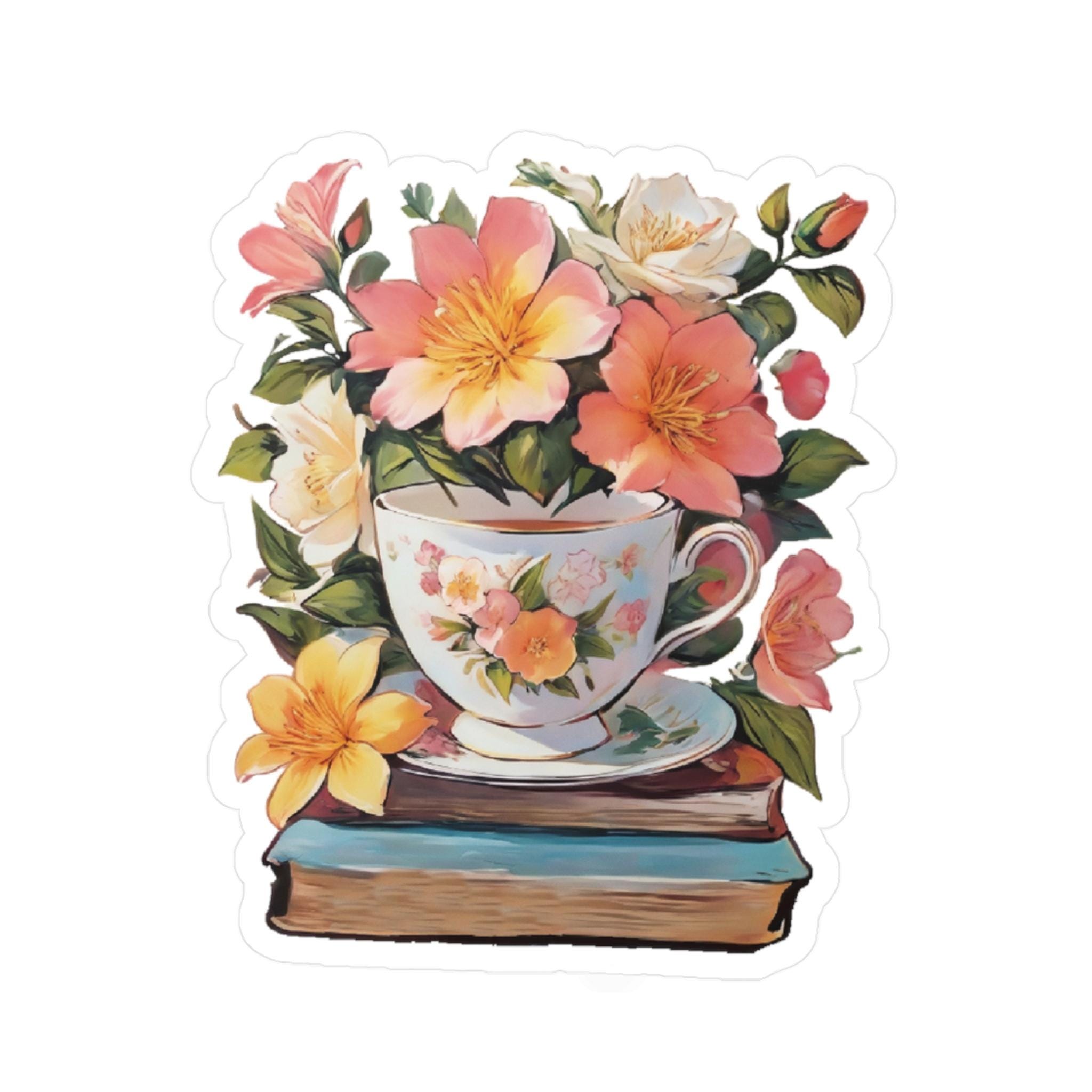 Decals, Floral Tea Cup Design, Vinyl Stickers for Laptops, Water ...