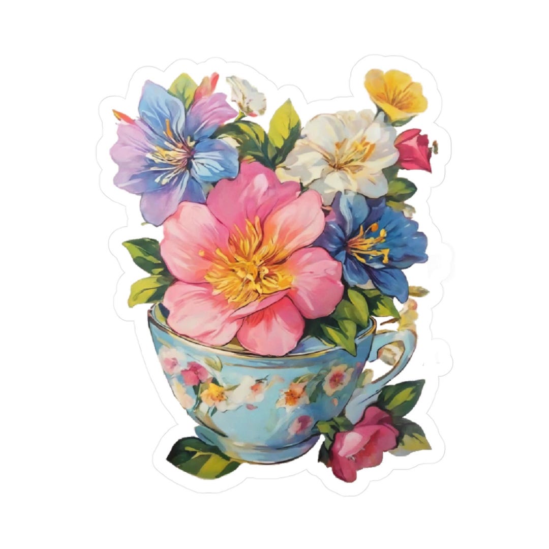 Flower Teacup Decals, Cute Floral Laptop Decal, Feminine Nature ...