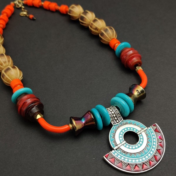 Tribal Ethnic Stone Necklace, African Gemstone Statement Necklace, Big ...