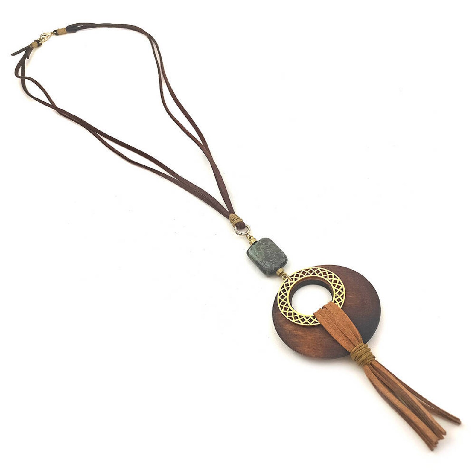 Boho Wooden Necklace Brown and Gold Wood and Leather Necklace Rustic ...