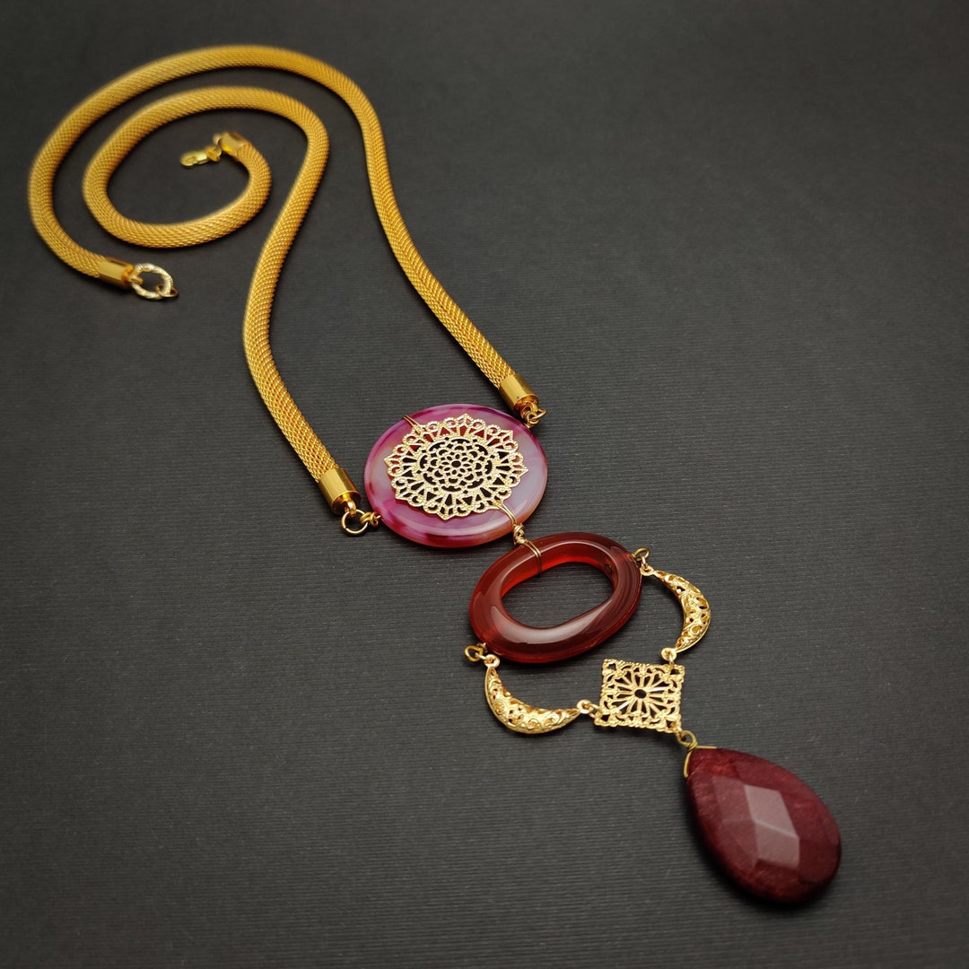 Red, Gold Statement Necklace Long Red Statement Necklace Bold Pink ...