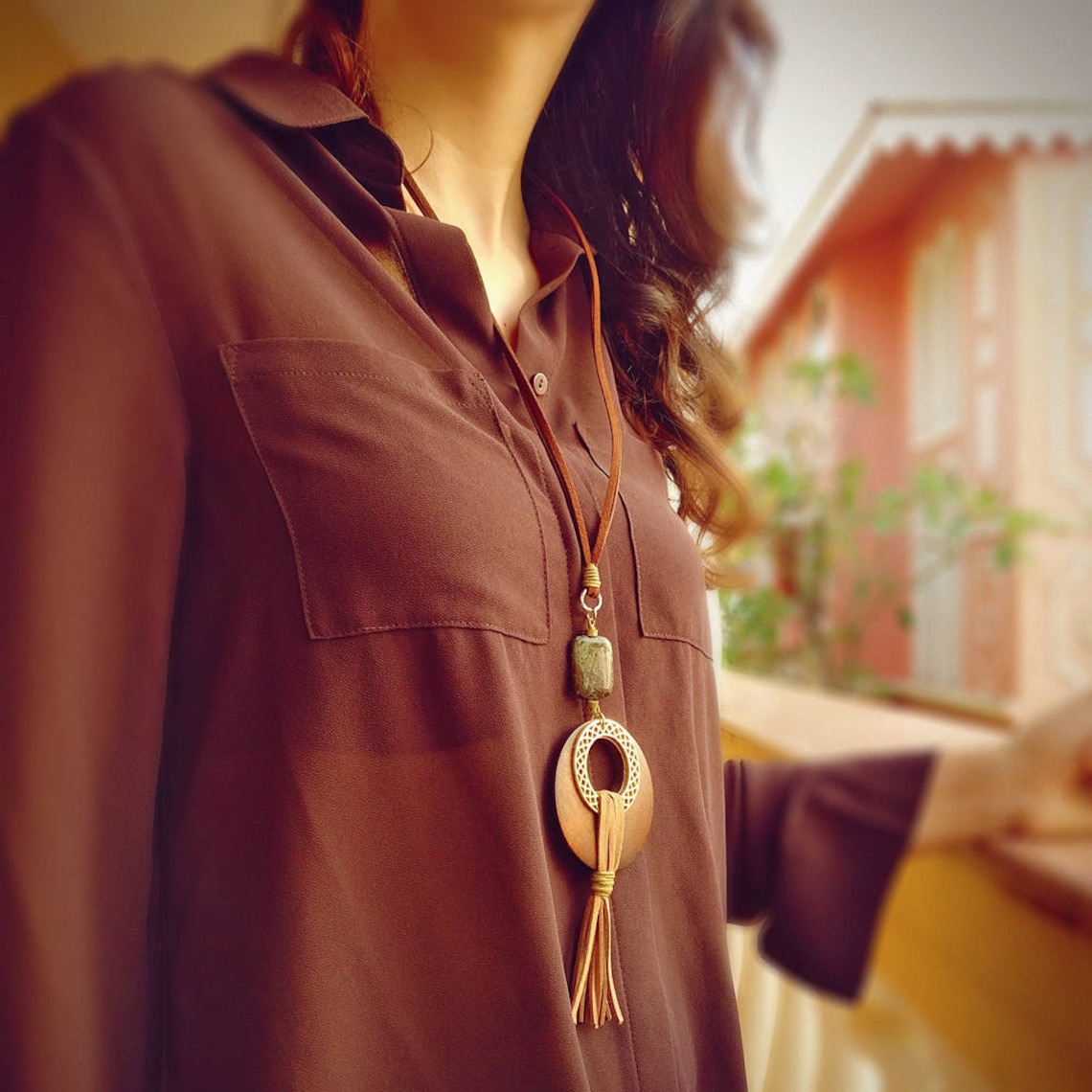 Boho Wooden Necklace Brown and Gold Wood and Leather Necklace Rustic ...