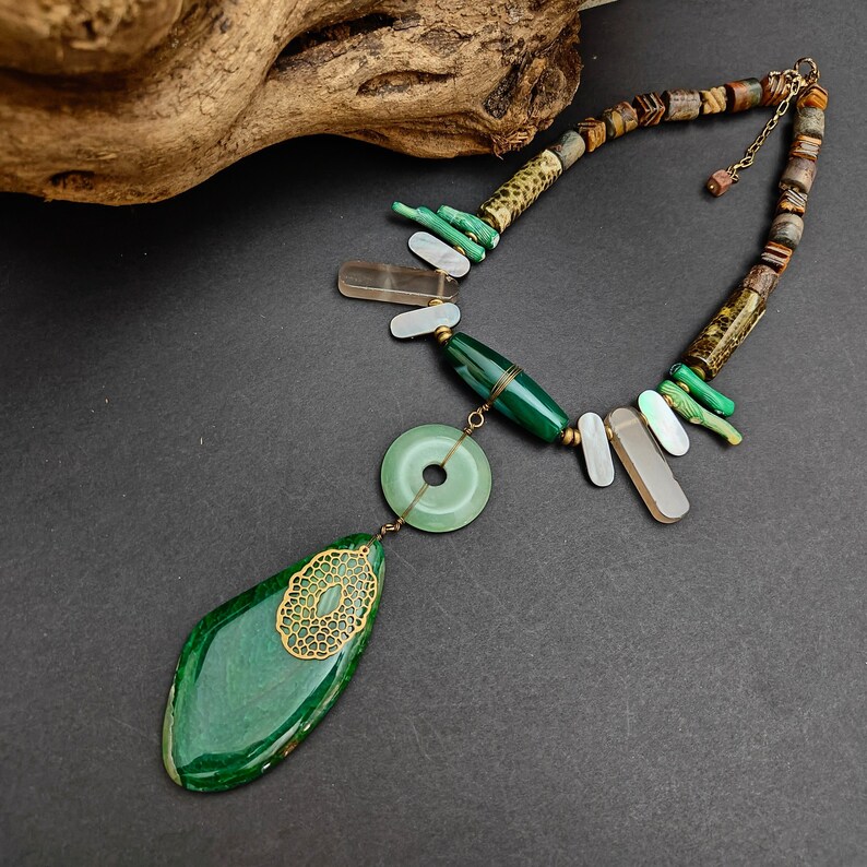 Big Bold Chunky Gemstone Statement Necklace, Green Stone Bib Necklace, Unique, Avantgarde, Large ...