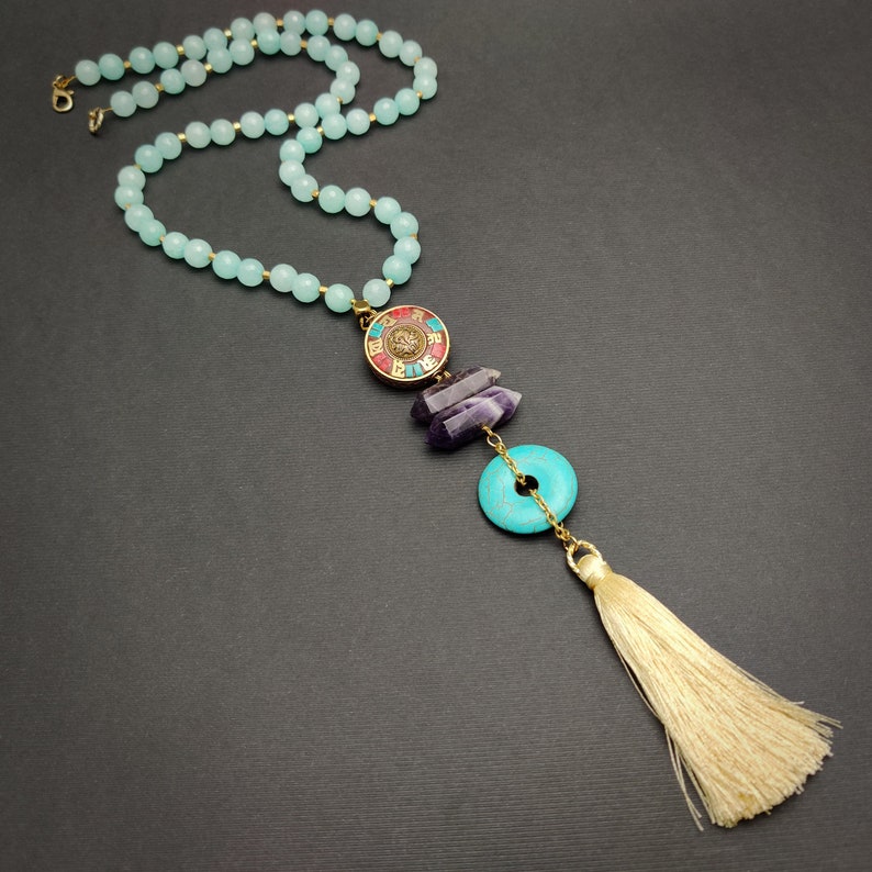 Aqua Blue Mala Necklace Long Stone Beaded Agate Necklace Turquoise Mala ...