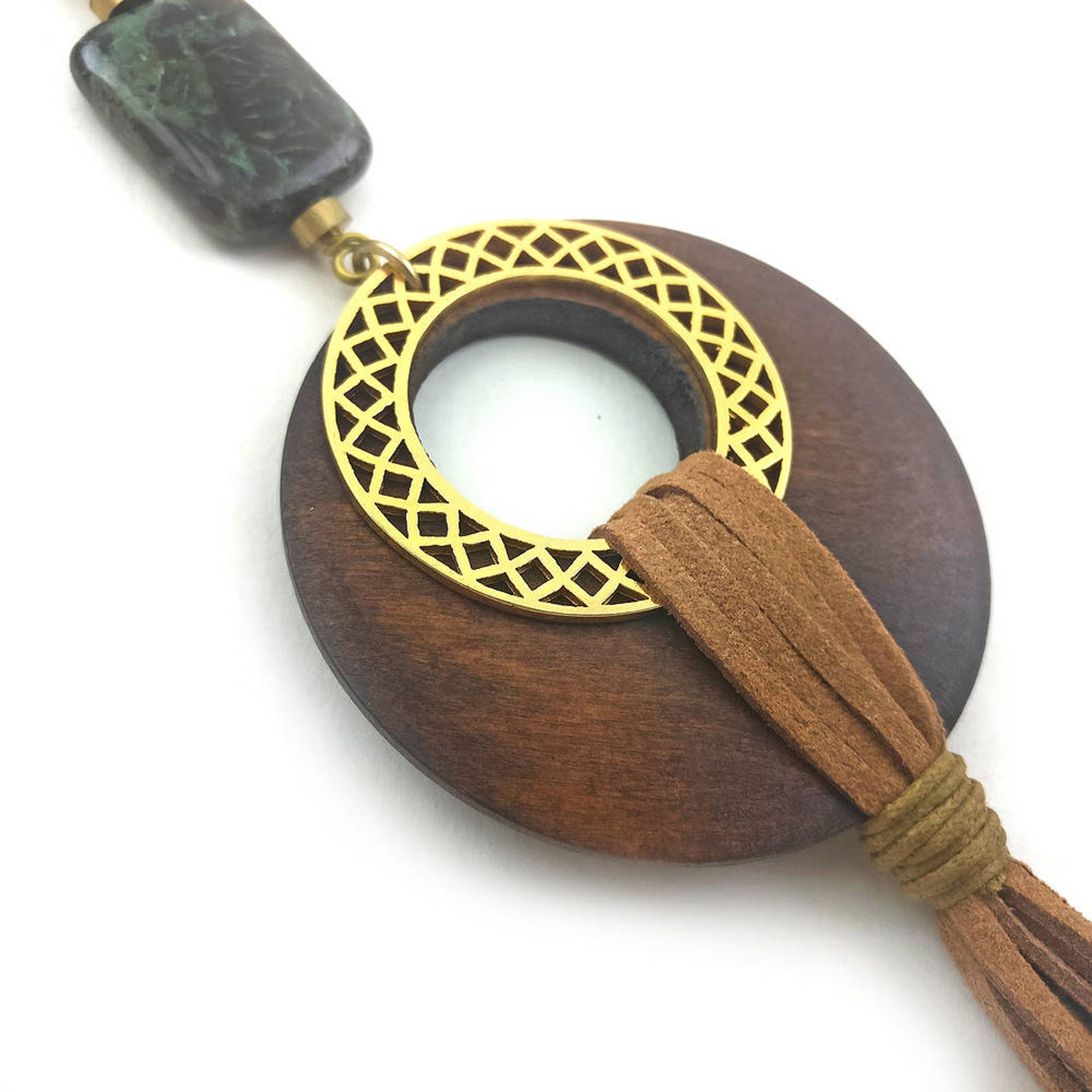 Boho Wooden Necklace Brown and Gold Wood and Leather Necklace Rustic ...