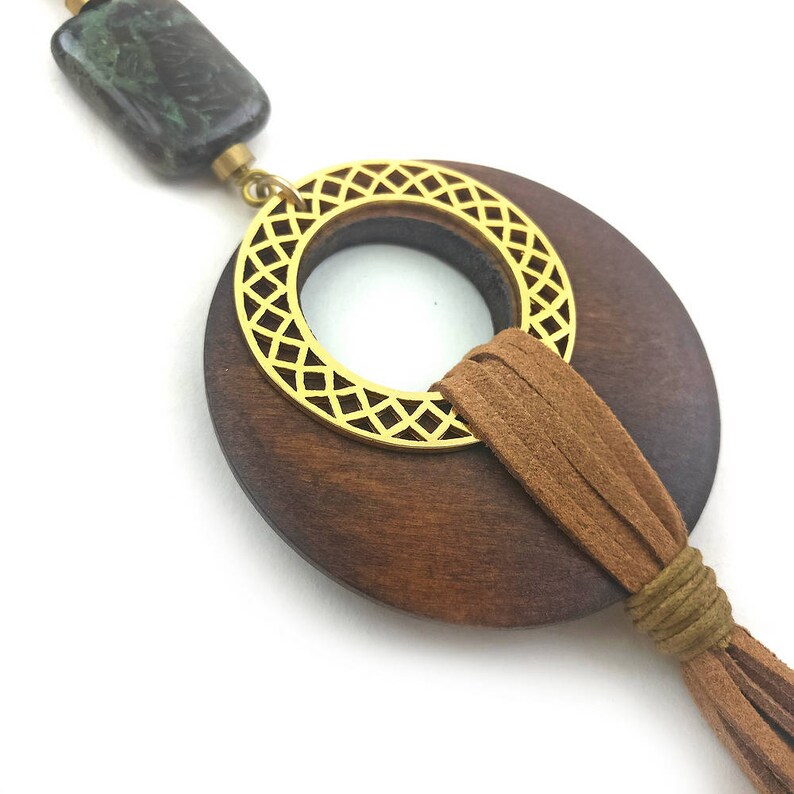 Boho Wooden Necklace Brown and Gold Wood and Leather Necklace Rustic ...