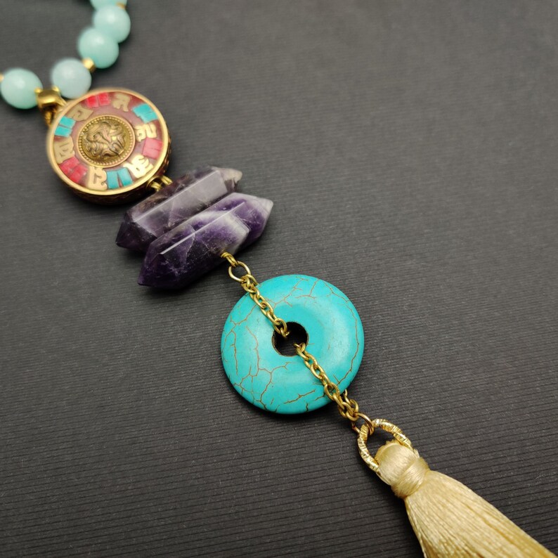 Aqua Blue Mala Necklace Long Stone Beaded Agate Necklace Turquoise Mala ...