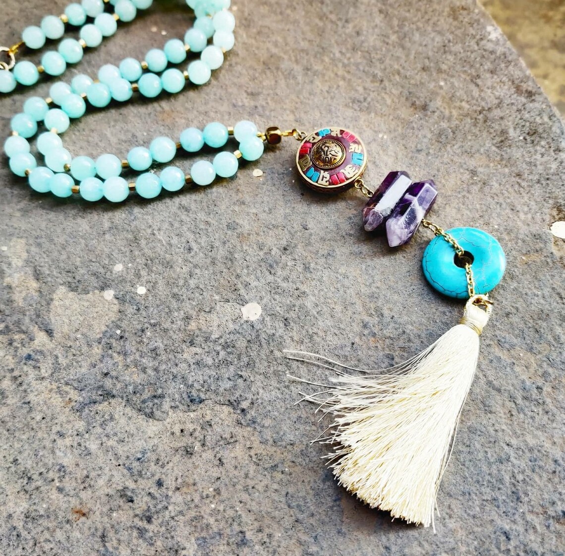Aqua Blue Mala Necklace Long Stone Beaded Agate Necklace - Etsy