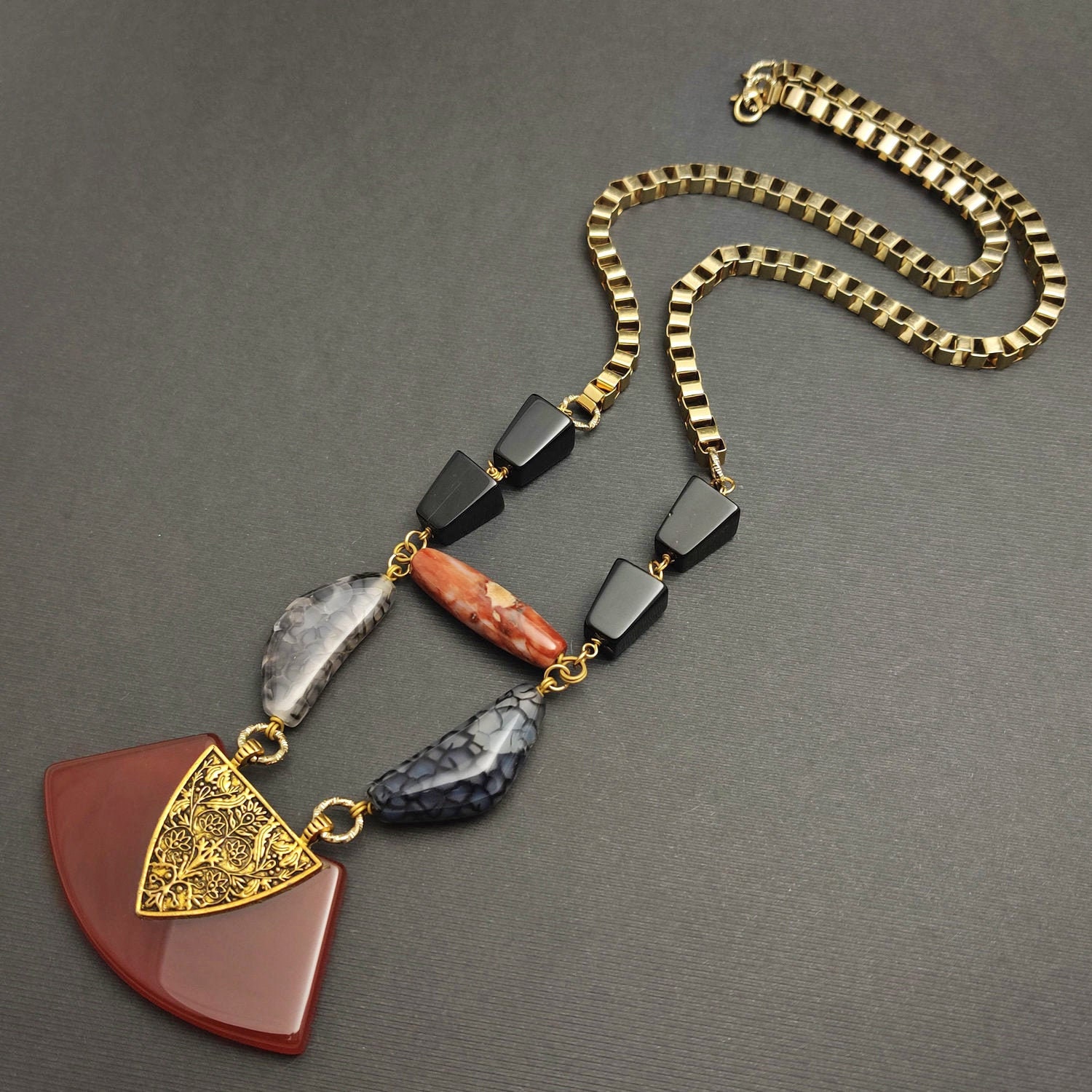 Long Statement Necklace Red Black and Gold Chunky Necklace Big Gemstone ...