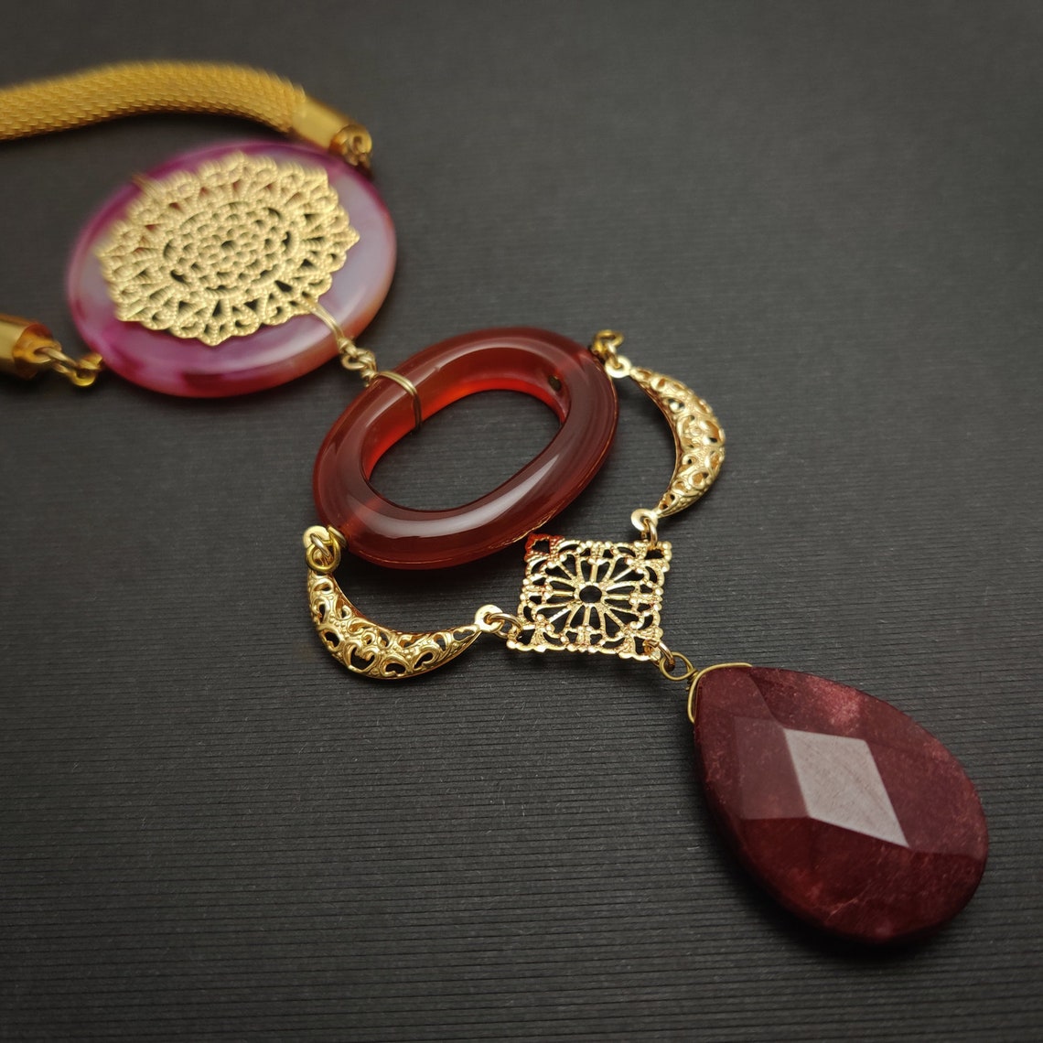 Red, Gold Statement Necklace Long Red Statement Necklace Bold Pink ...