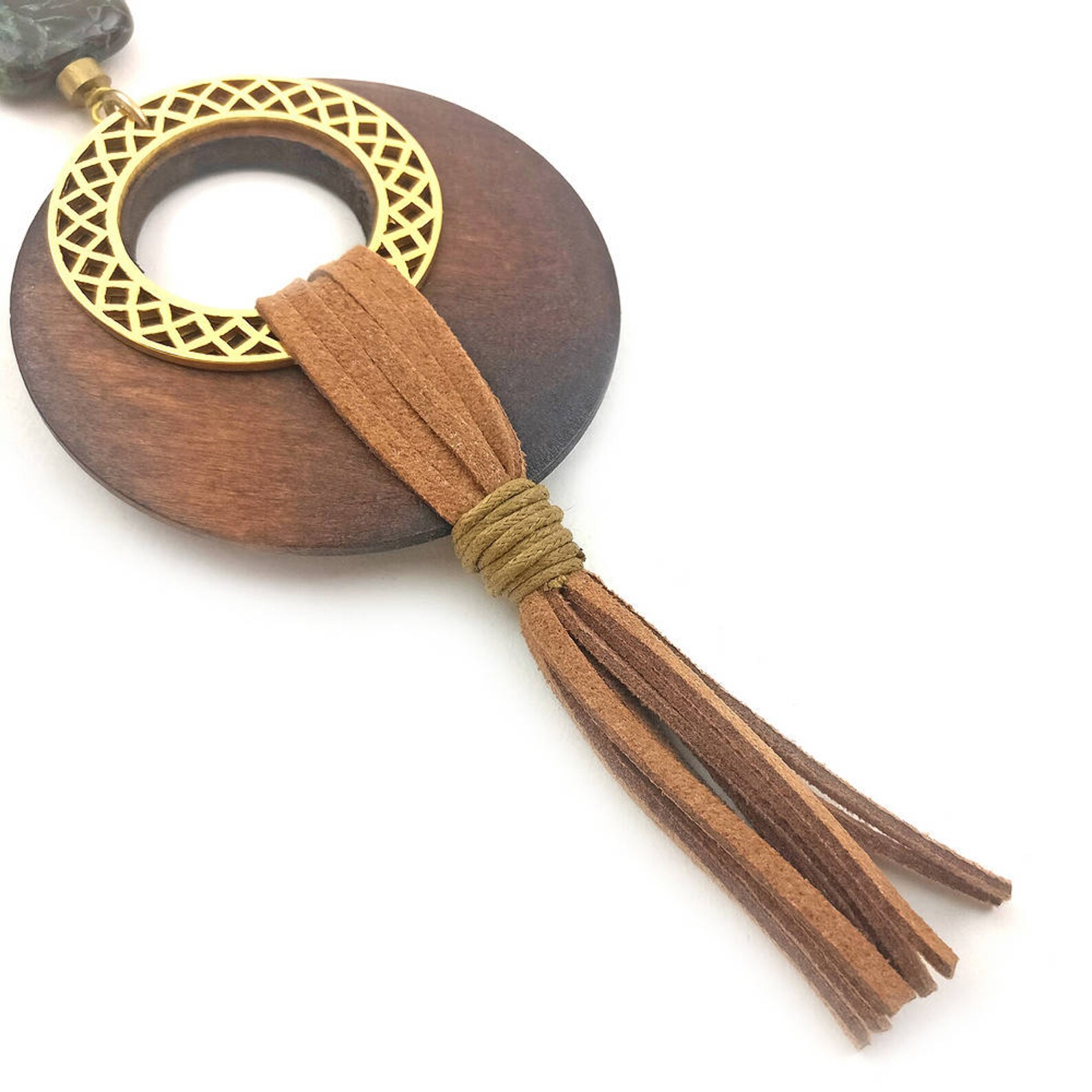 Boho Wooden Necklace Brown and Gold Wood and Leather Necklace Rustic ...