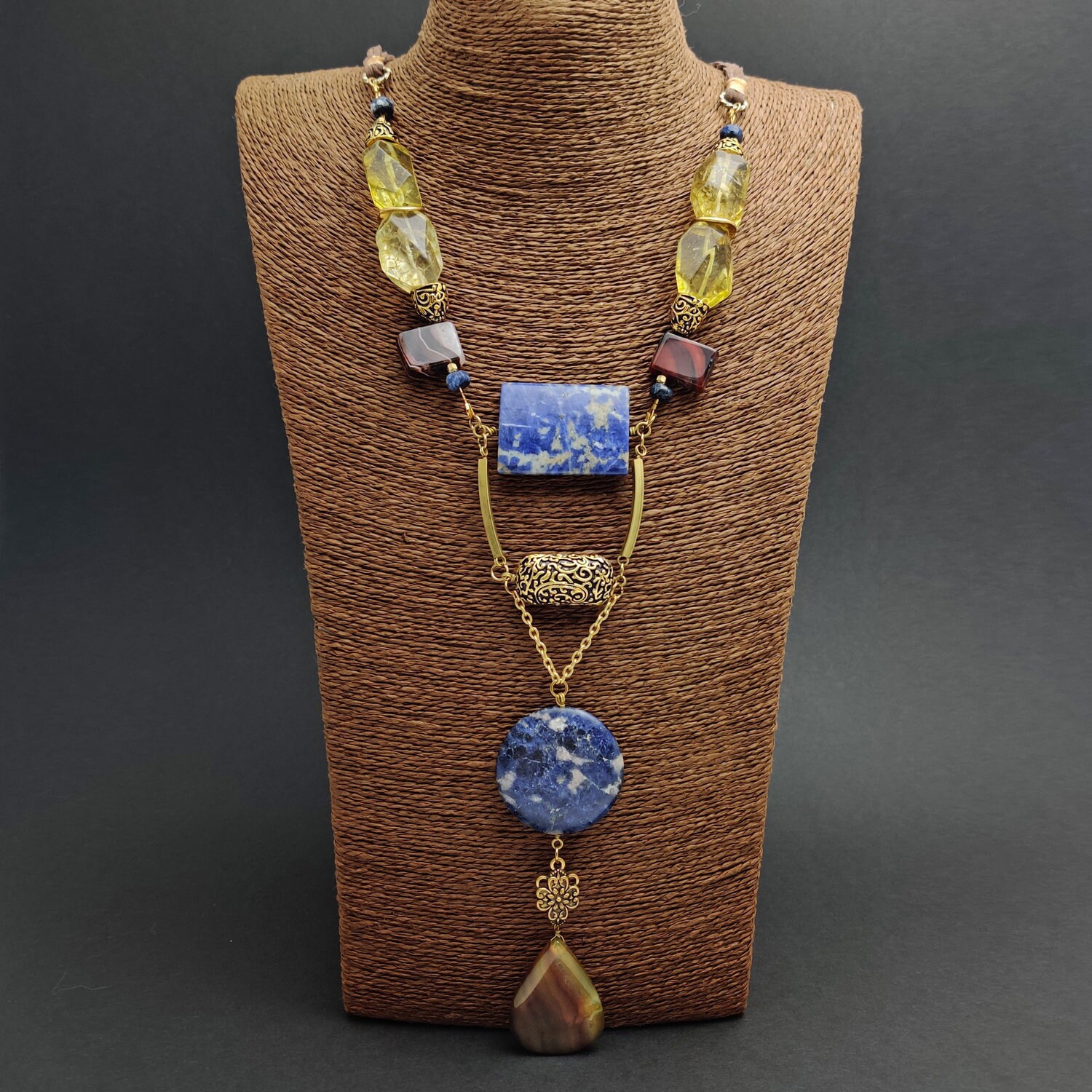 Long Statement Necklace With Mixed Stones, Chunky Sodalite Stone ...