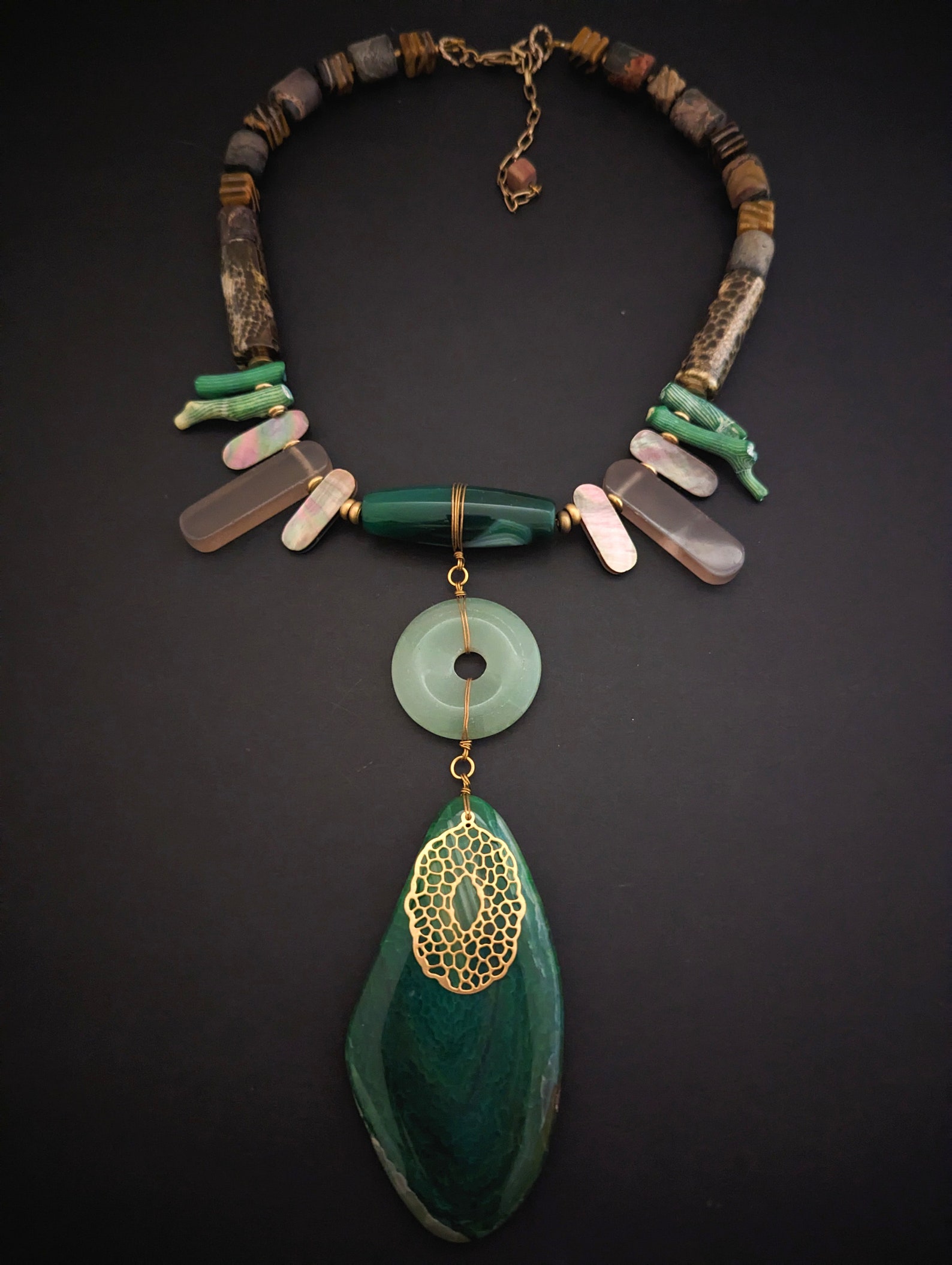 Big Bold Chunky Gemstone Statement Necklace, Green Stone Bib Necklace, Unique, Avantgarde, Large ...