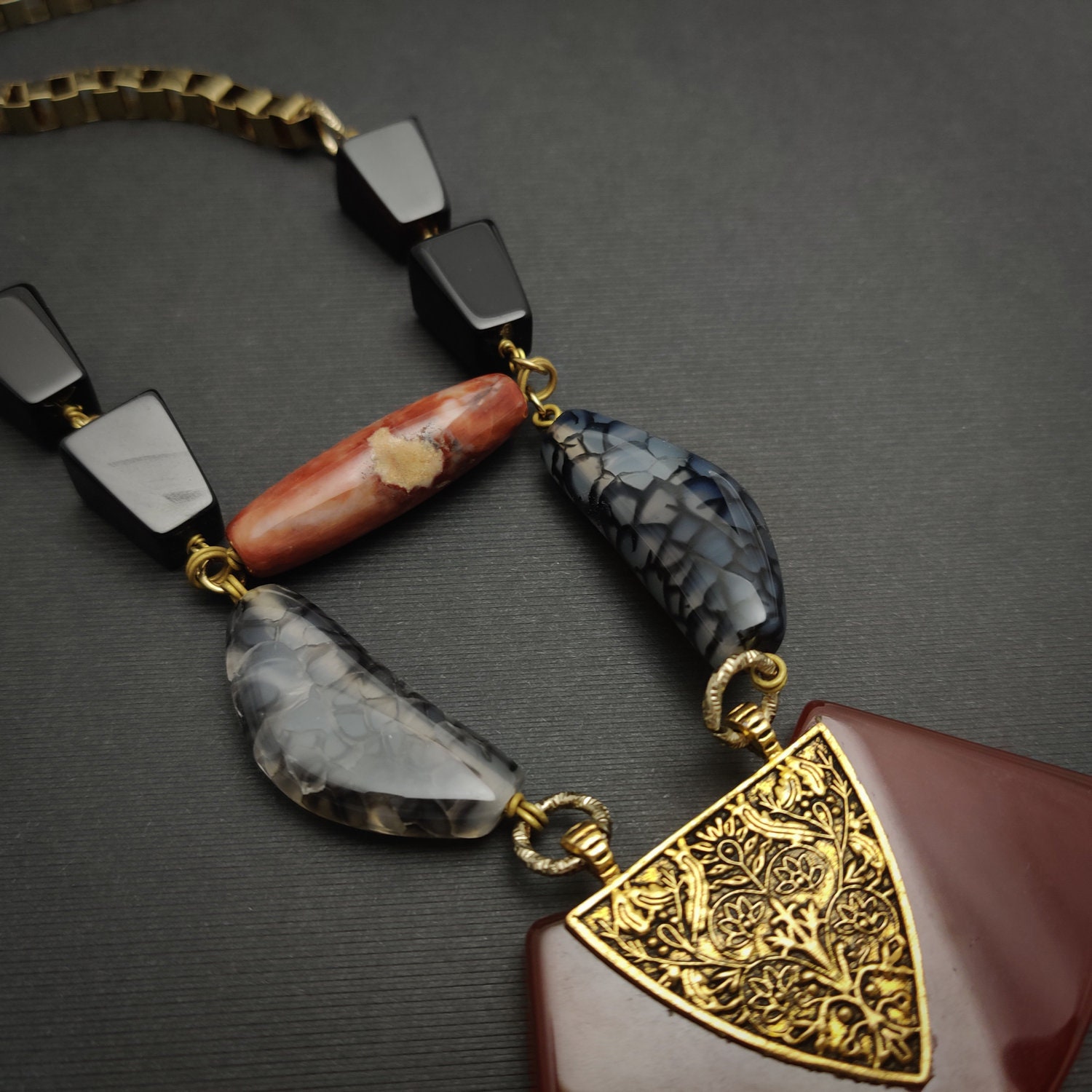 Long Statement Necklace Red Black and Gold Chunky Necklace Big Gemstone ...