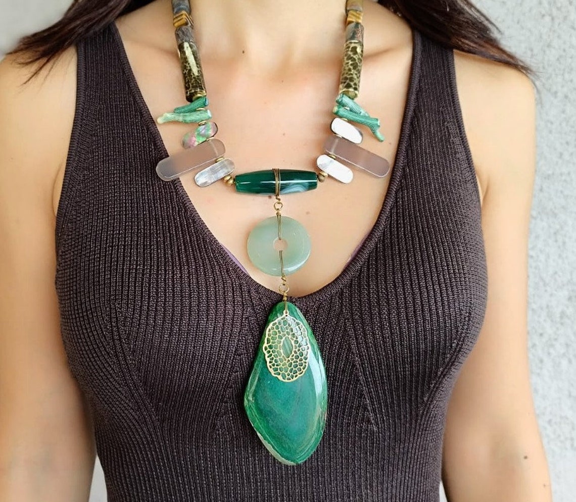 Big Bold Chunky Gemstone Statement Necklace Green Stone Bib - Etsy