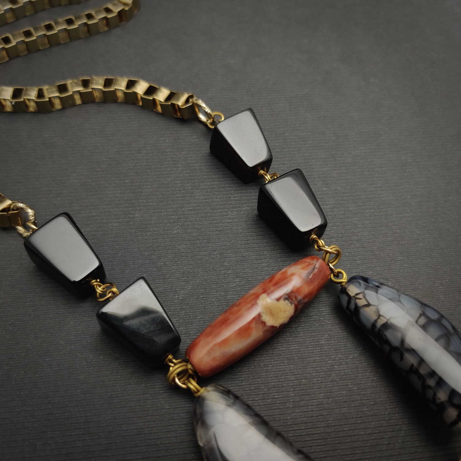 Long Statement Necklace Red Black and Gold Chunky Necklace Big Gemstone ...