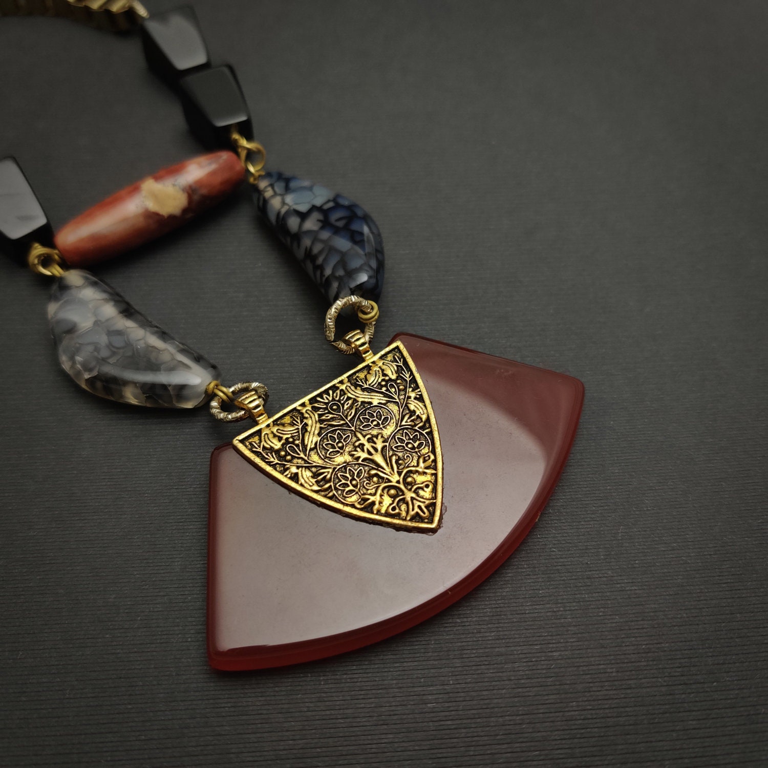 Long Statement Necklace Red Black and Gold Chunky Necklace Big Gemstone ...