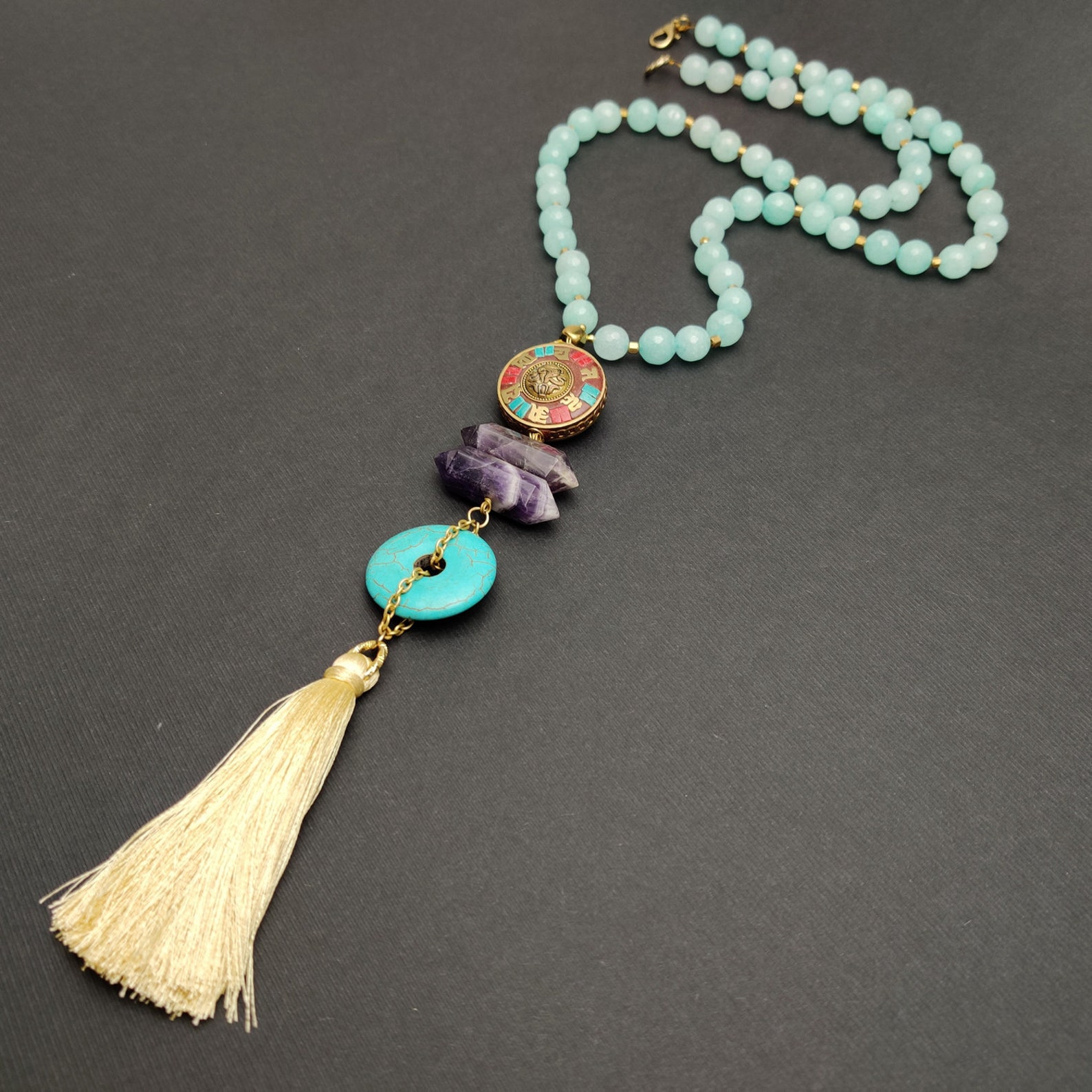 Aqua Blue Mala Necklace Long Stone Beaded Agate Necklace - Etsy