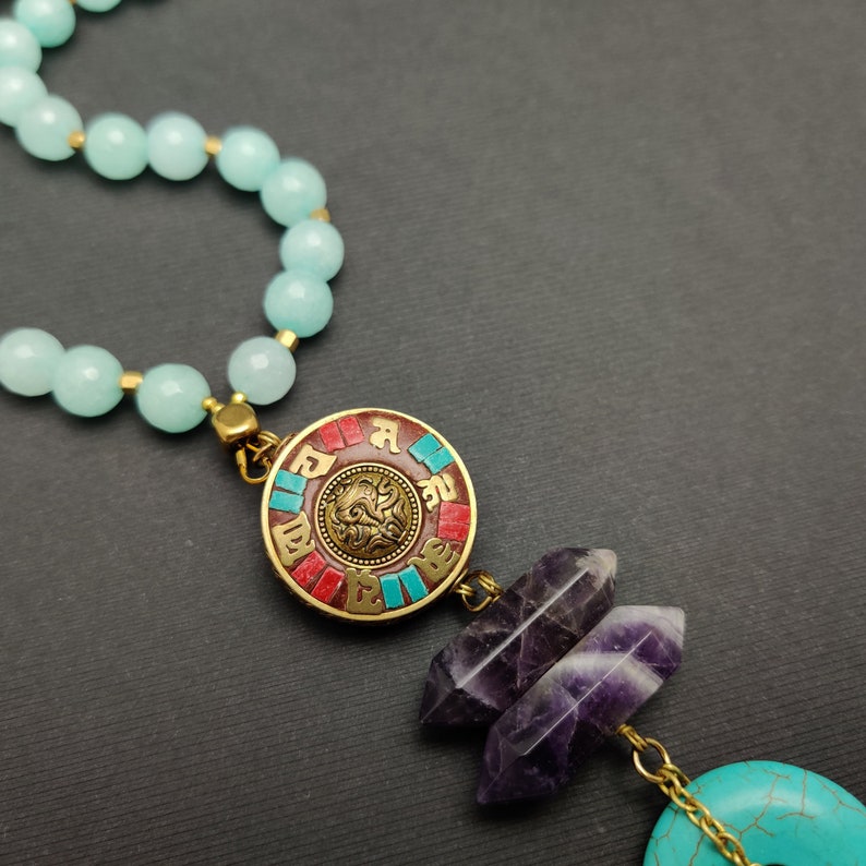 Aqua Blue Mala Necklace Long Stone Beaded Agate Necklace Turquoise Mala ...