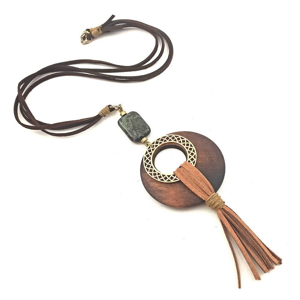 Boho Wooden Necklace Brown and Gold Wood and Leather Necklace Rustic ...