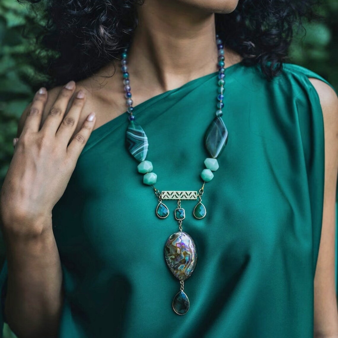 Emerald Green Gemstone Statement Necklace, Abalone Shell, Statement Jewelry, Big Bold Chunky ...