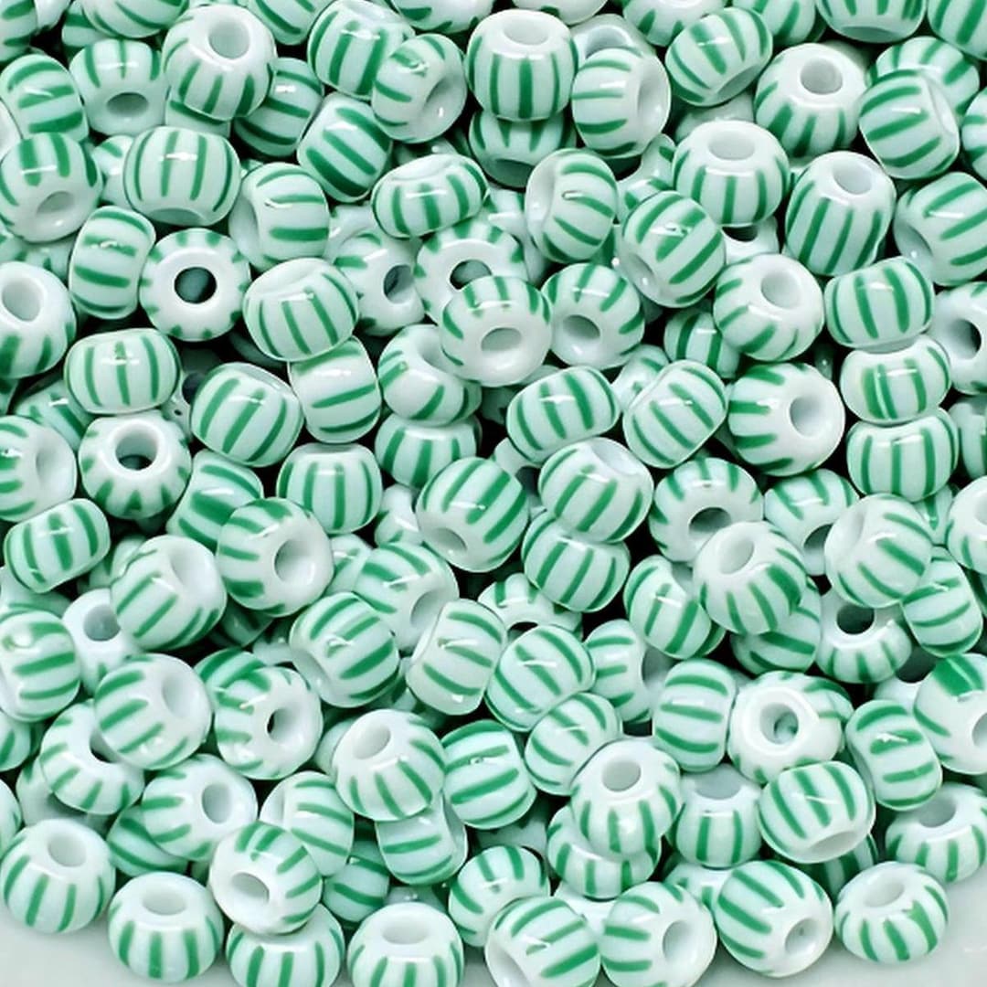 White & Green Stripe Czech Glass Seed Beads: 4mm Rocailles, Preciosa ...