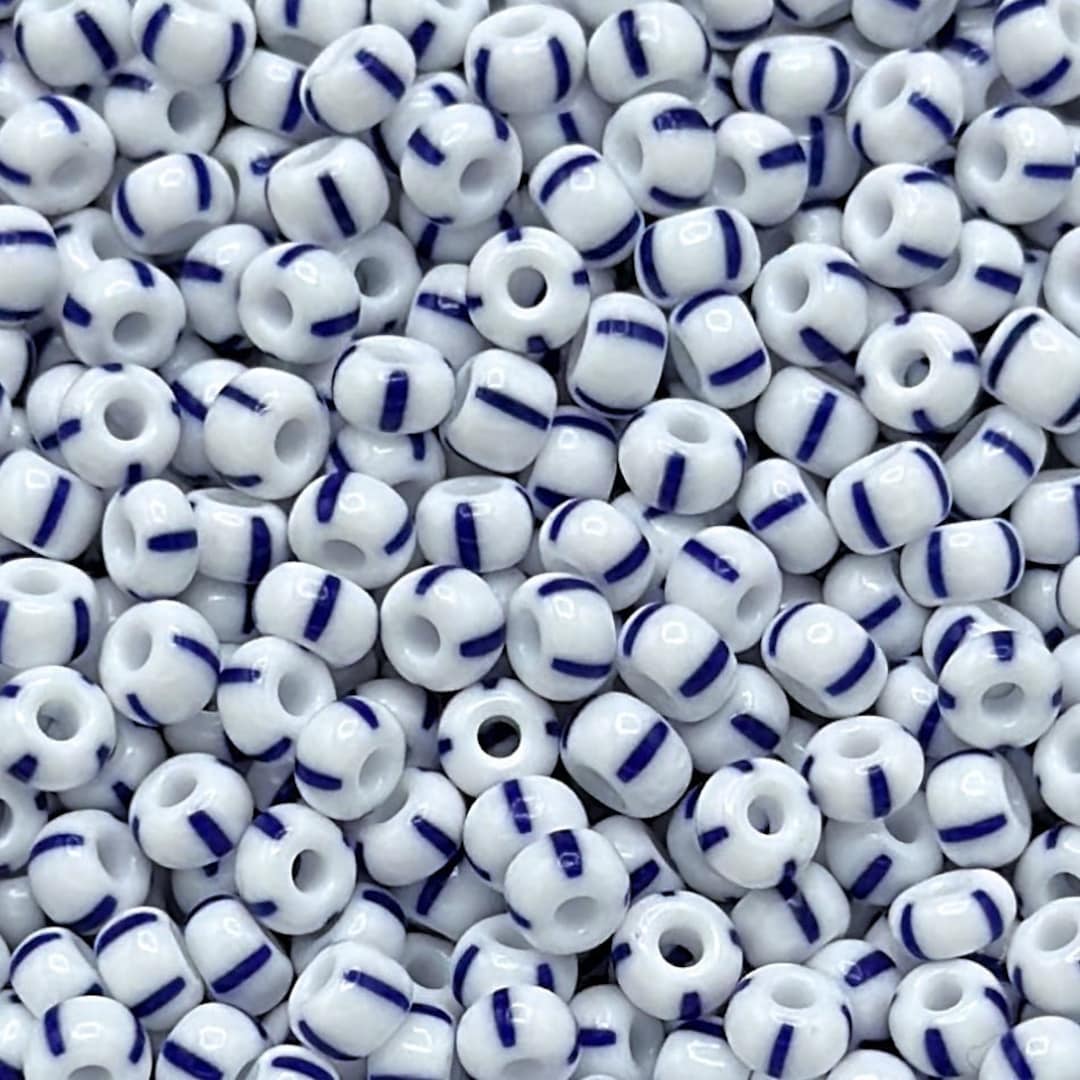 White Opaque Seed Beads, 6/0 Czech Glass Beads With Dark Blue Stripes ...
