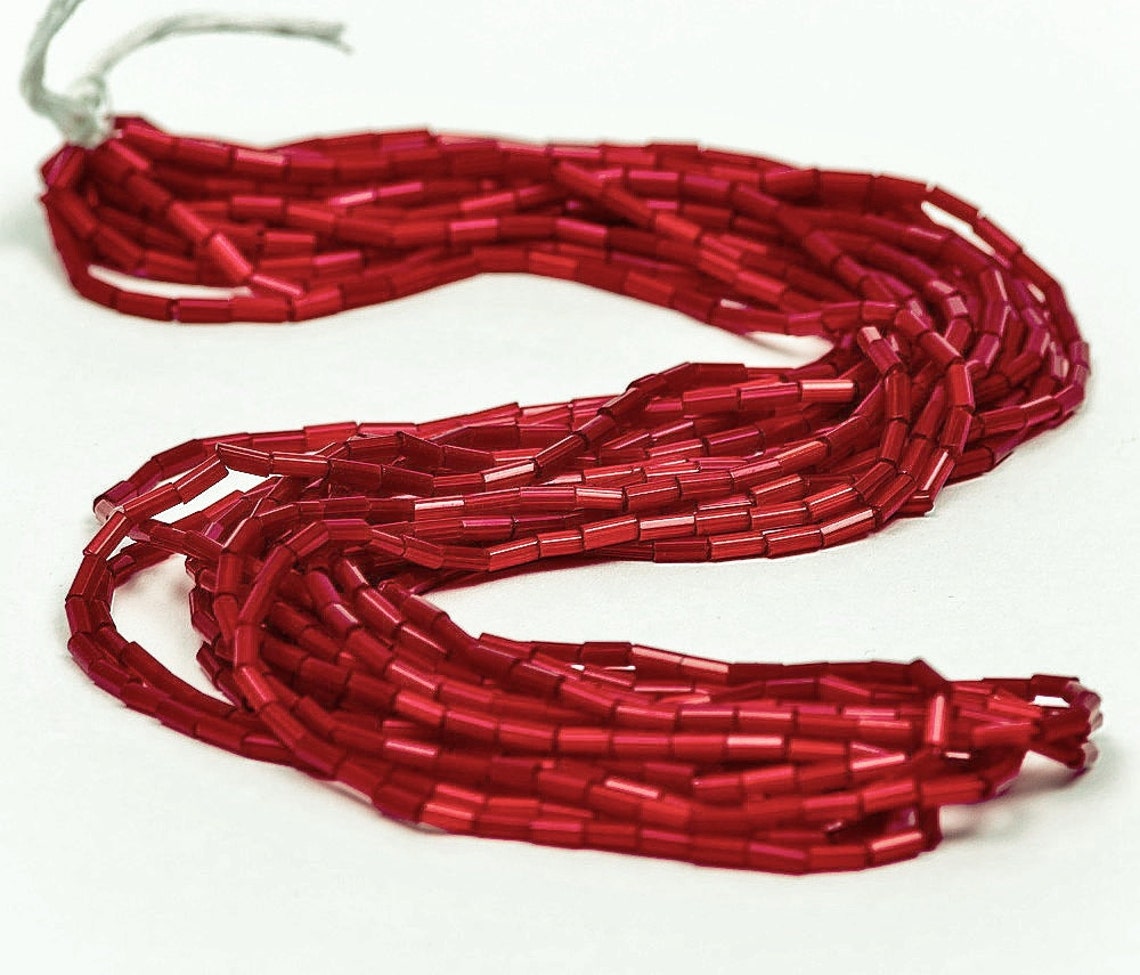 Hank Red Satin Bugle Beads- #2 / 4 Mm Tube Beads - Czech Glass Seed ...