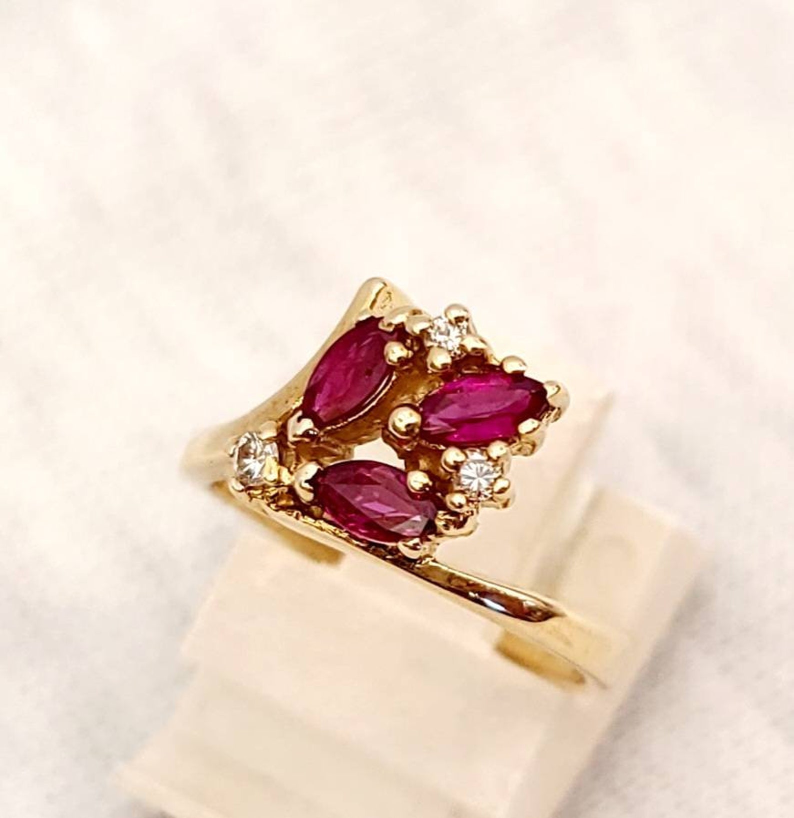 14k Yellow Gold Ruby With Diamond Flower Ring | Etsy