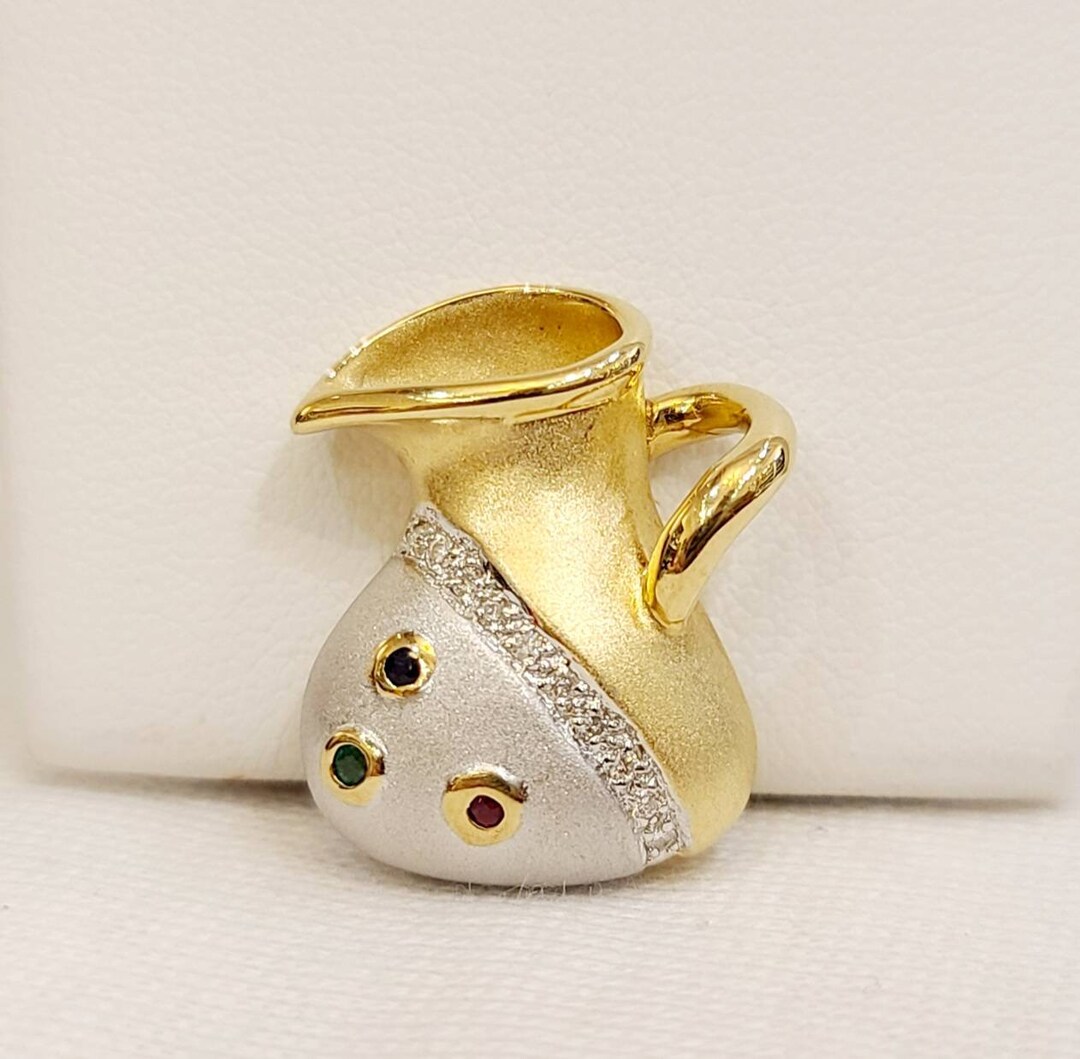 14k Yellow Gold Diamond and Color Stone Pitcher Pendant - Etsy