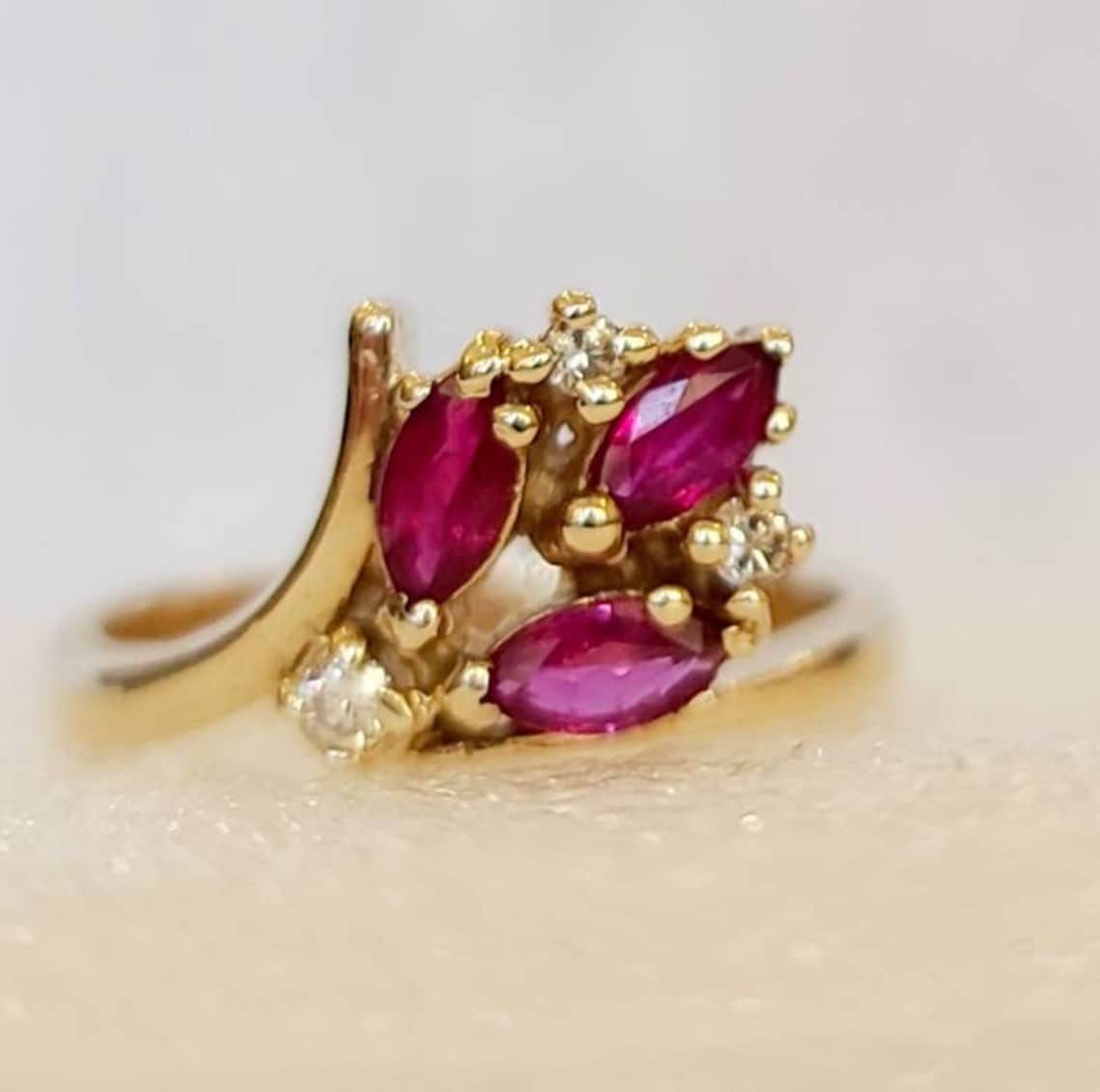 14k Yellow Gold Ruby With Diamond Flower Ring | Etsy
