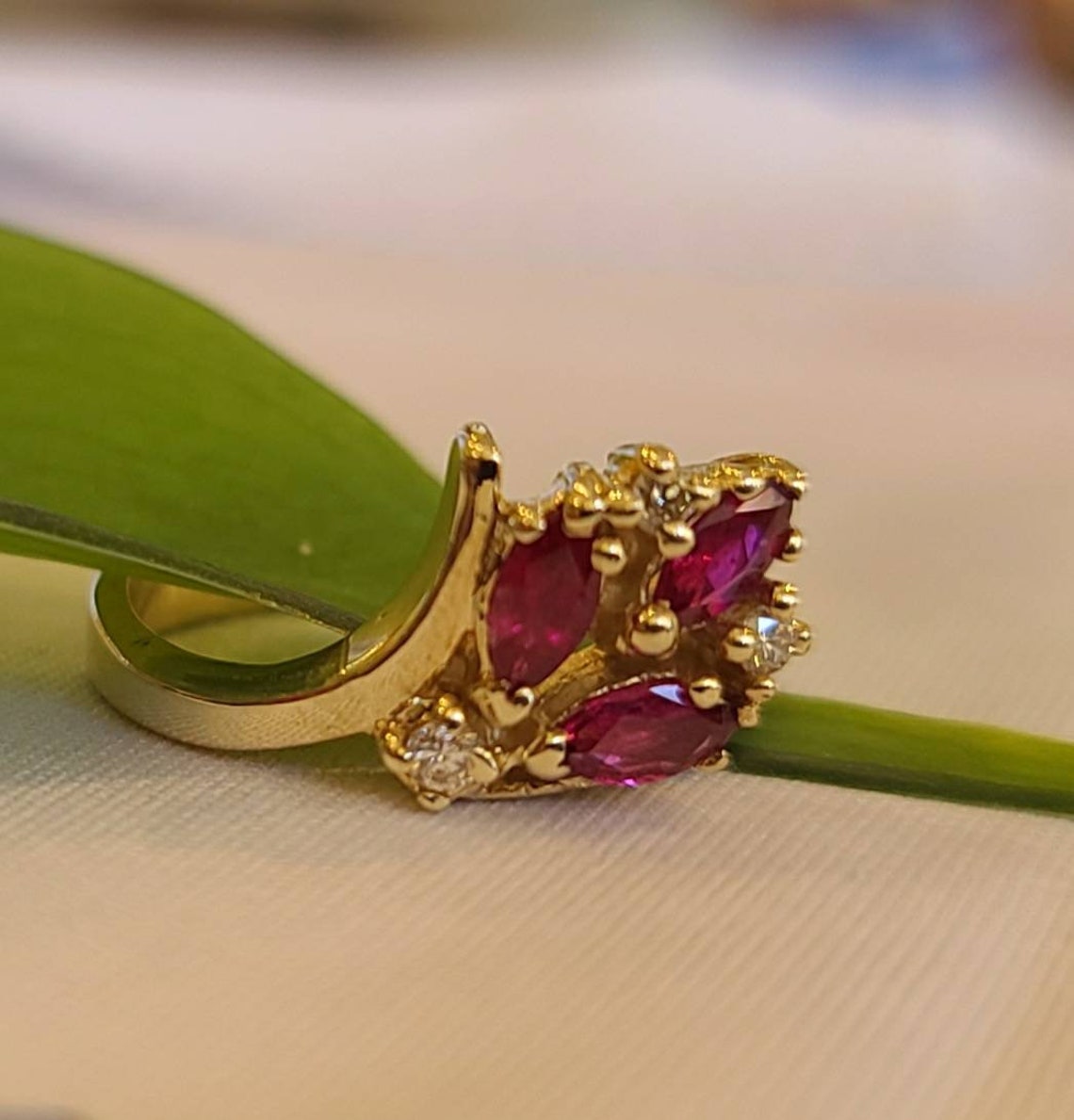 14k yellow gold Ruby with diamond flower ring | Etsy