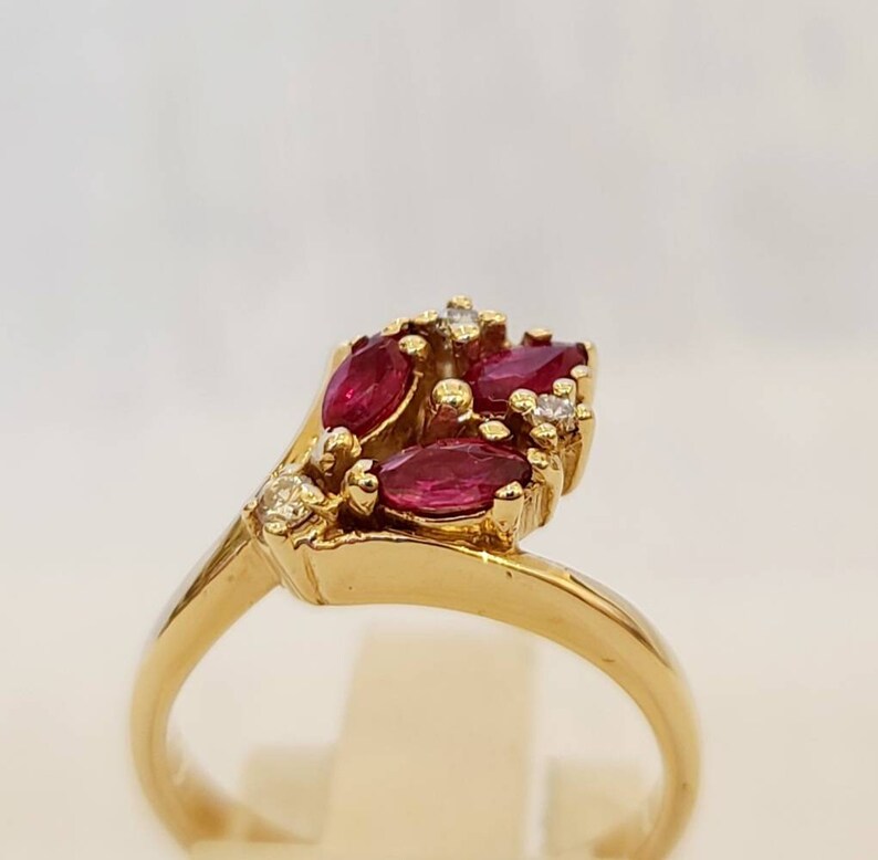 14k Yellow Gold Ruby With Diamond Flower Ring | Etsy
