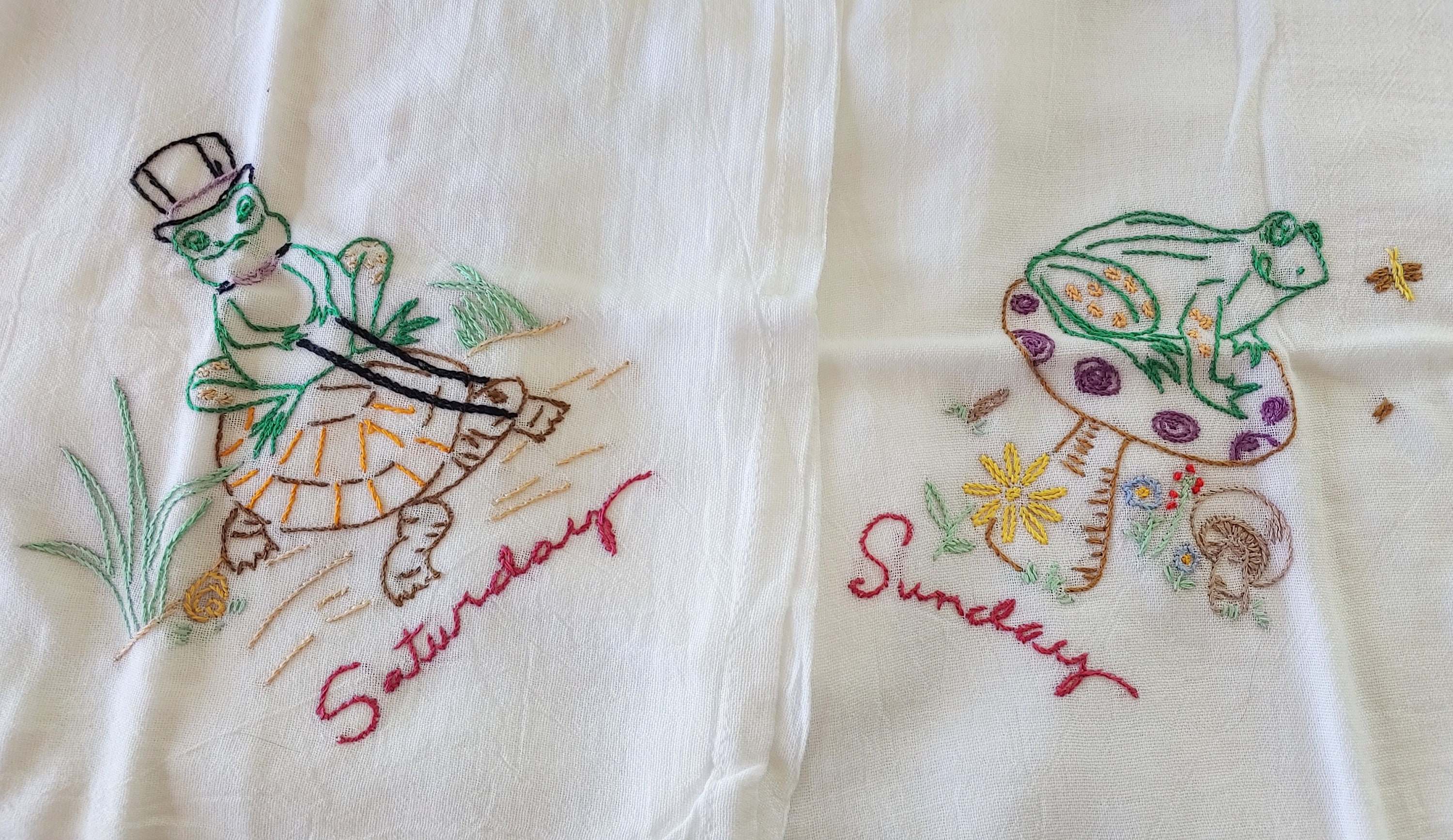 7 Days a Week Hand Embroidered 'frogs' Kitchen Towels - Etsy
