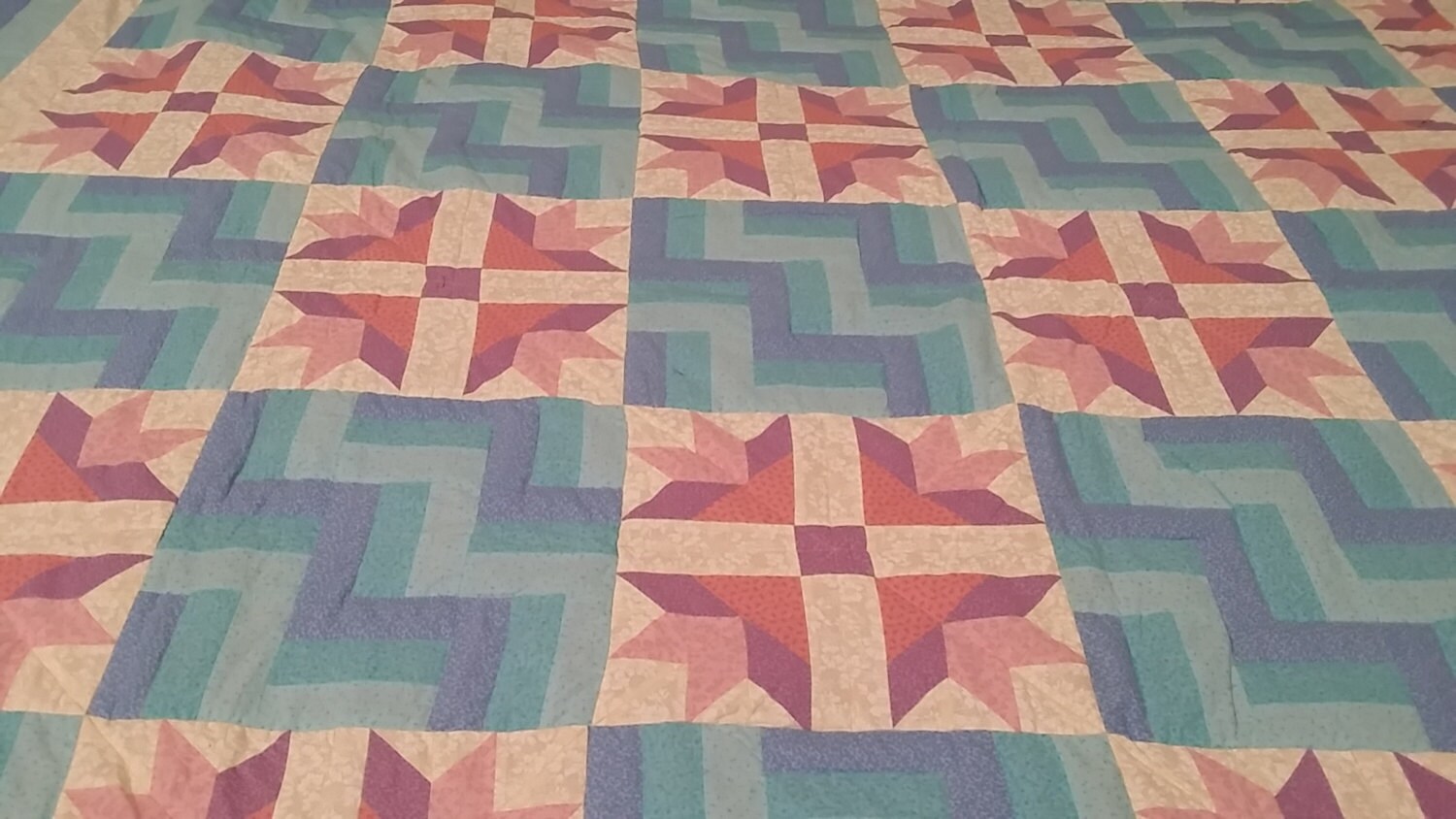 King Size Handmade Rag Quilt, Pink and Blue Diamonds and Triangles - Etsy