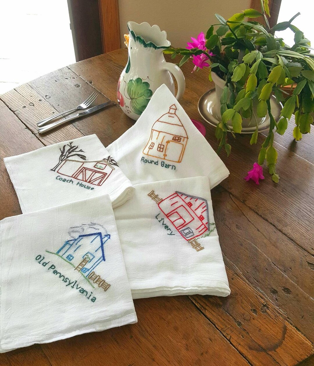 4 Hand Embroidered Kitchen Dish Towels Farm House Country Barn Theme ...