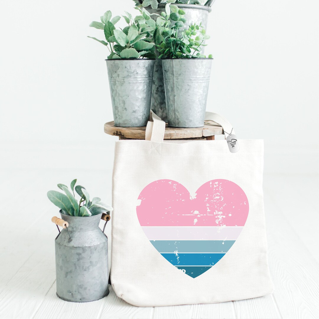 Custom Name Tag Tote Bag | Retro Heart Design | Shopping Bag | Reusable ...